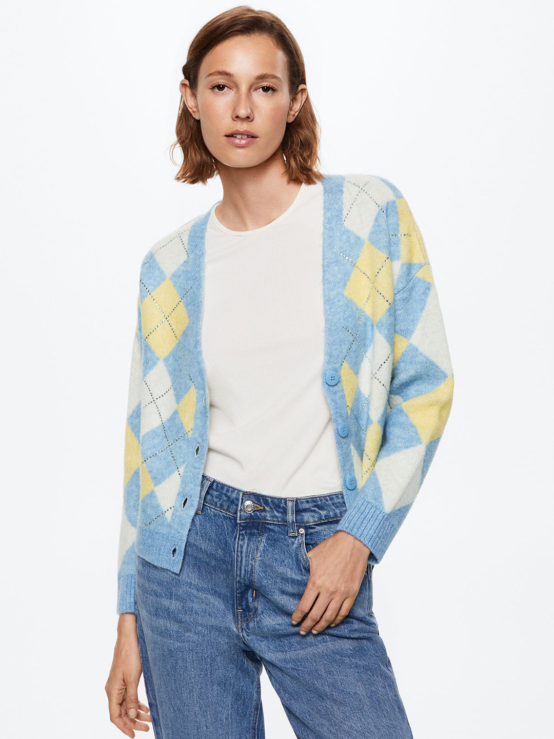 Buy MANGO Women Blue & Yellow Argyle Cardigan - Sweaters for Women ...