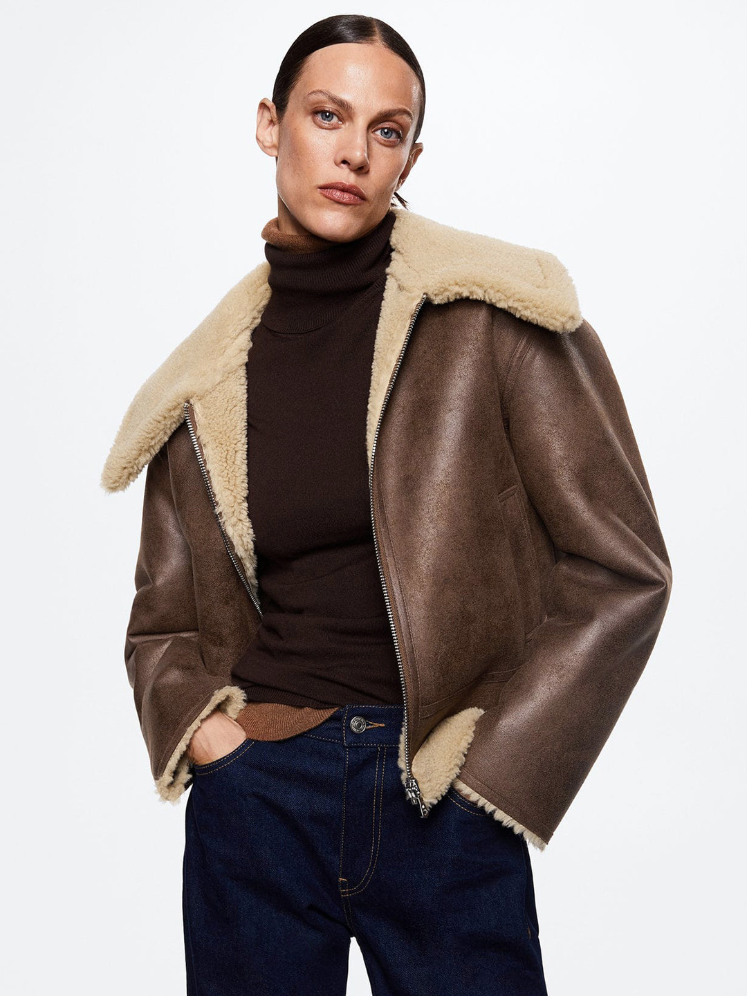 Buy MANGO Women Brown & Cream Coloured Faux Shearling Tailored ...