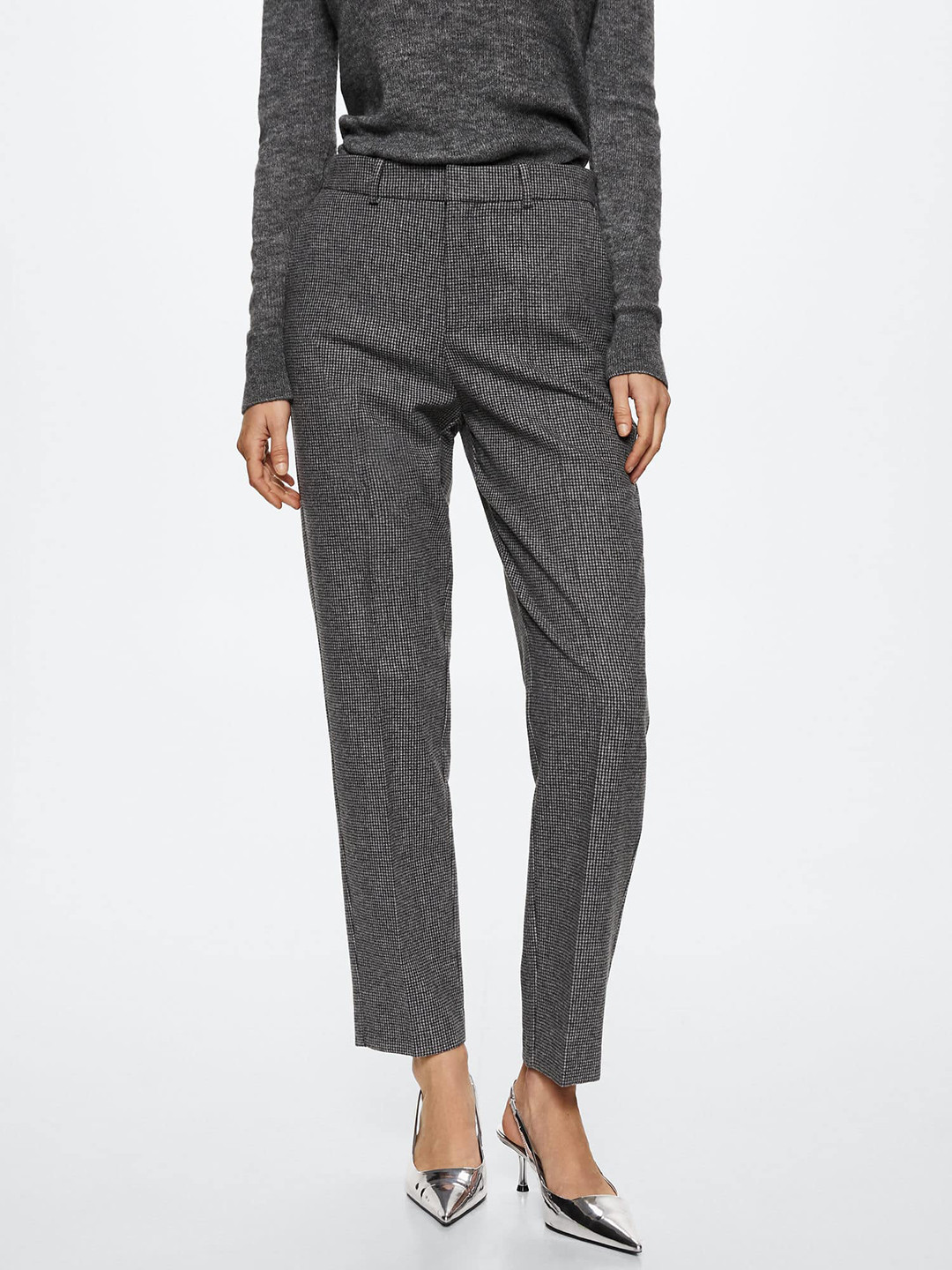 Buy MANGO Women Grey Checked Sustainable Skinny Fit Pleated Chinos ...