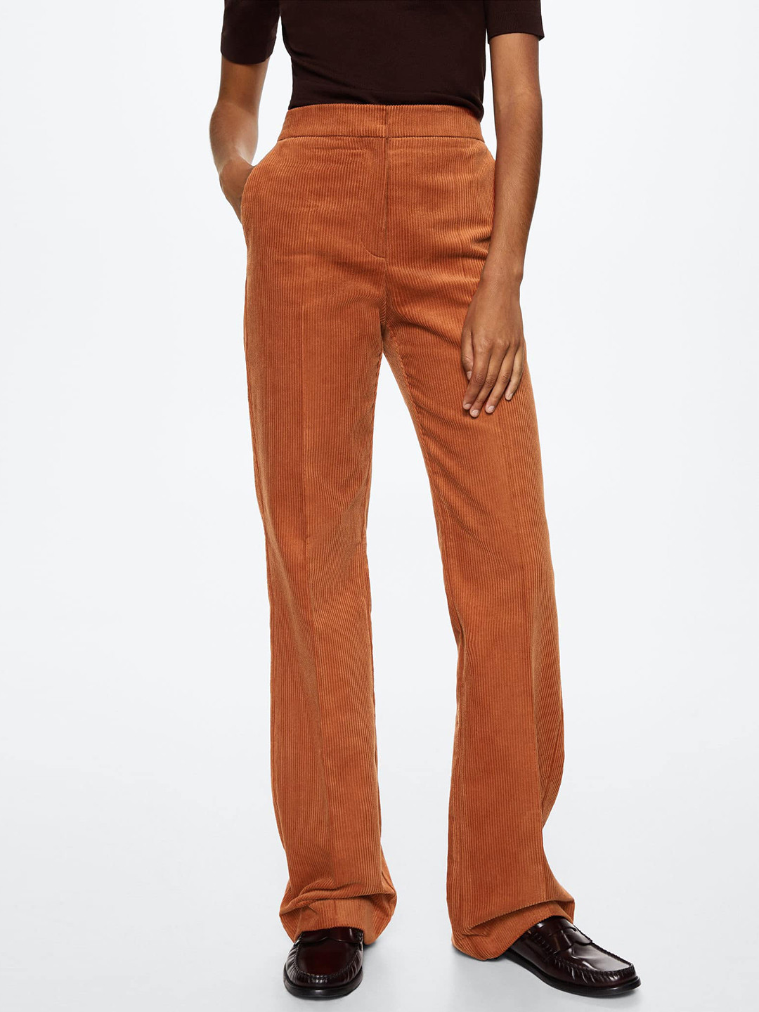 Buy MANGO Women Rust Orange Flared RegularCorduroy Trousers - Trousers ...