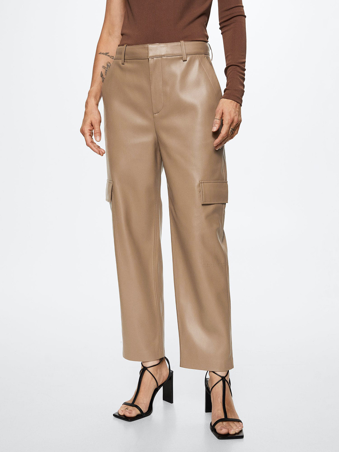 Buy MANGO Women Beige Solid High Rise Cargos Trousers - Trousers for ...