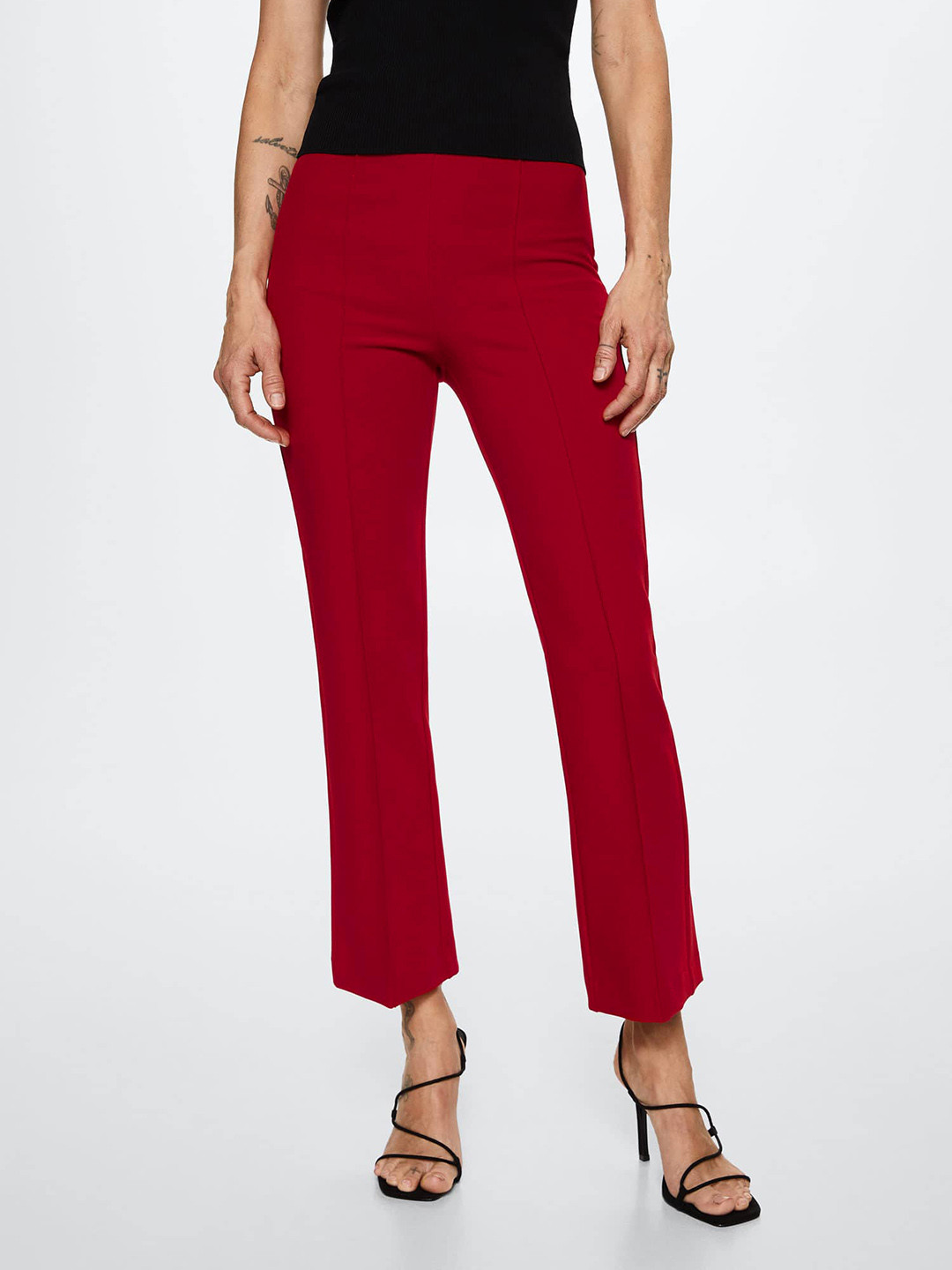 Buy MANGO Women Red Solid Flared Pleated RegularCropped Trousers ...