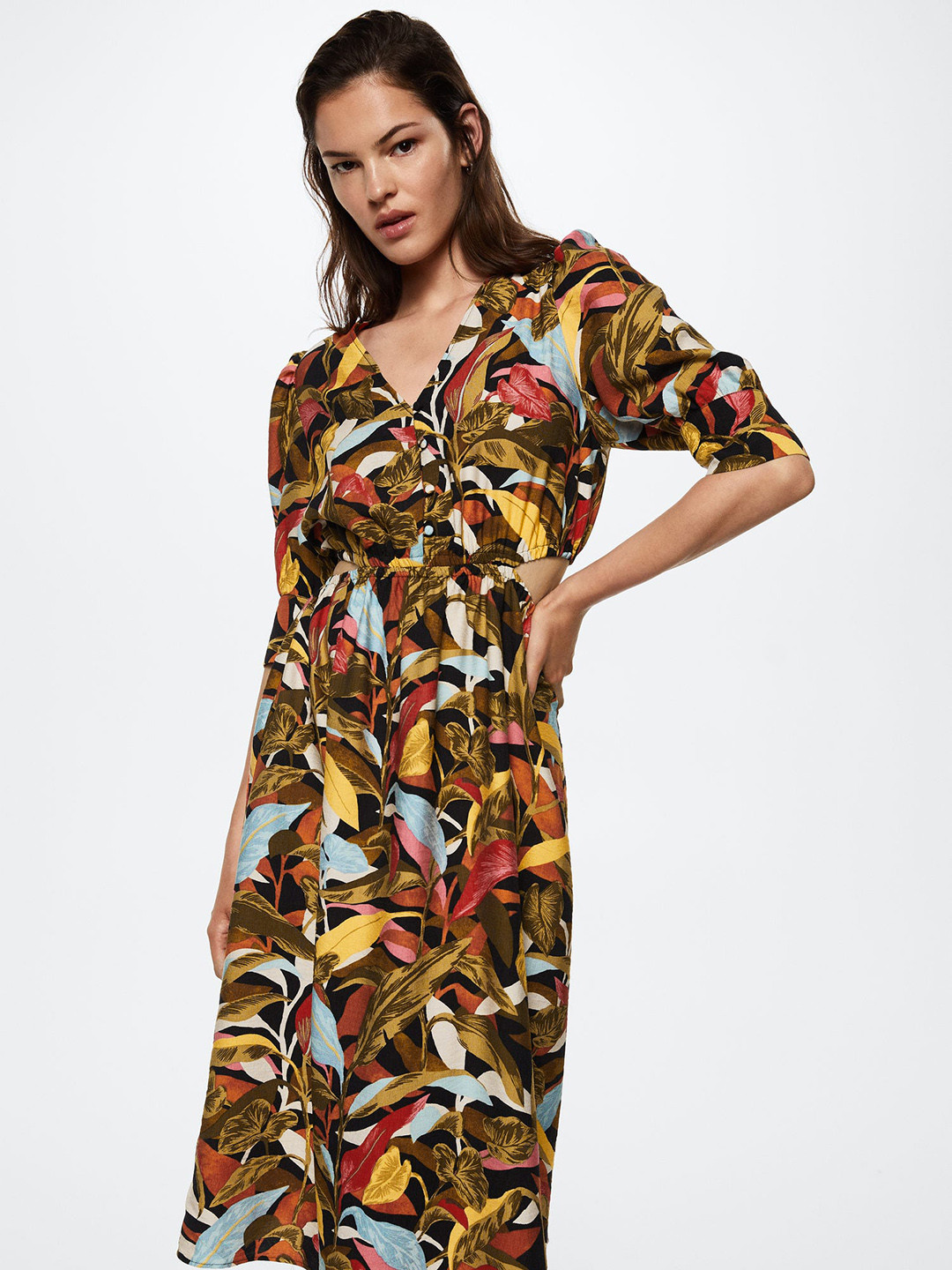 Buy MANGO Red & Olive Green Tropical A Line Sustainable Midi Dress ...