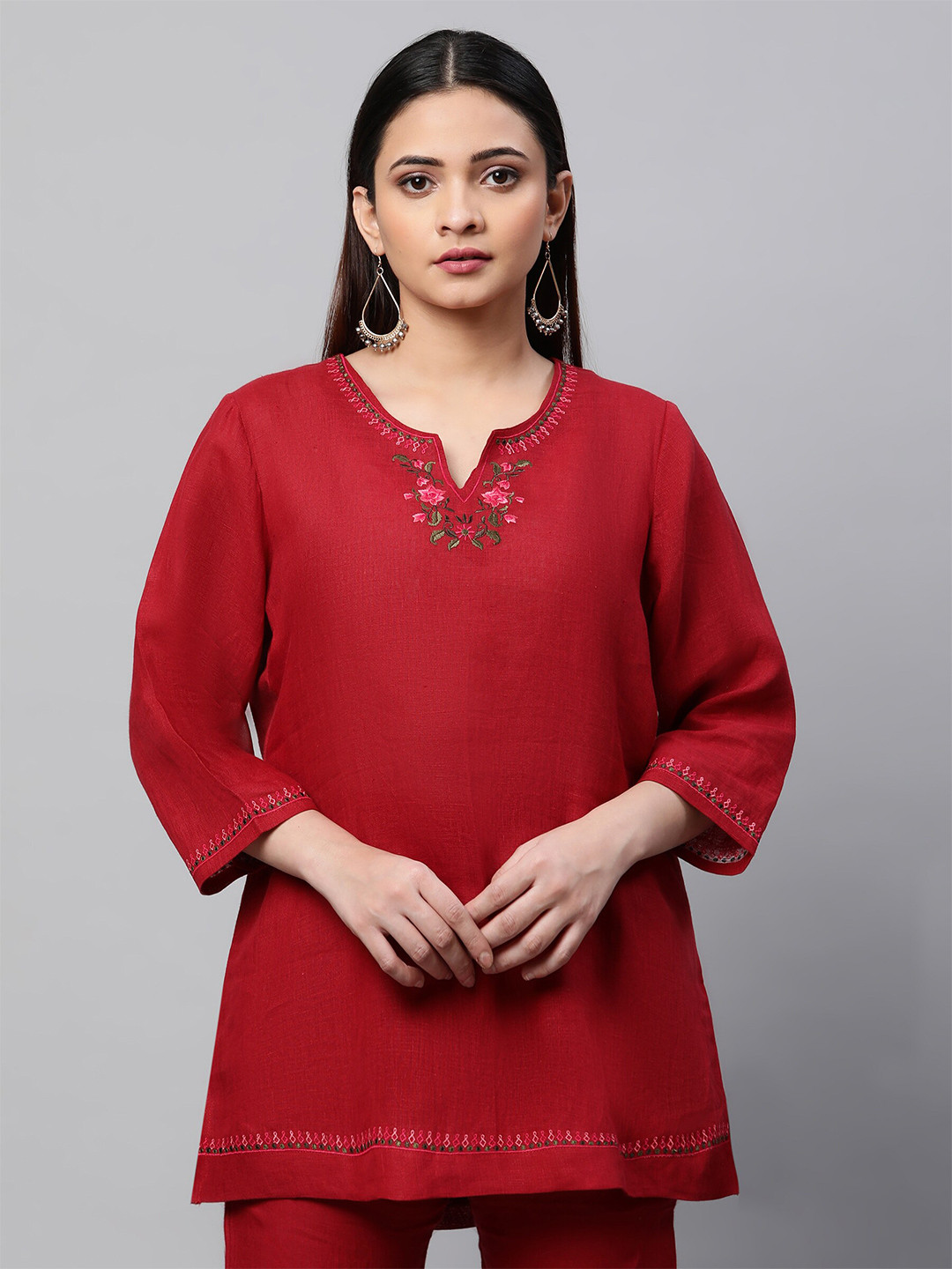 Buy Linen Club Woman Women Maroon & Green Linen Embroidered Tunic ...