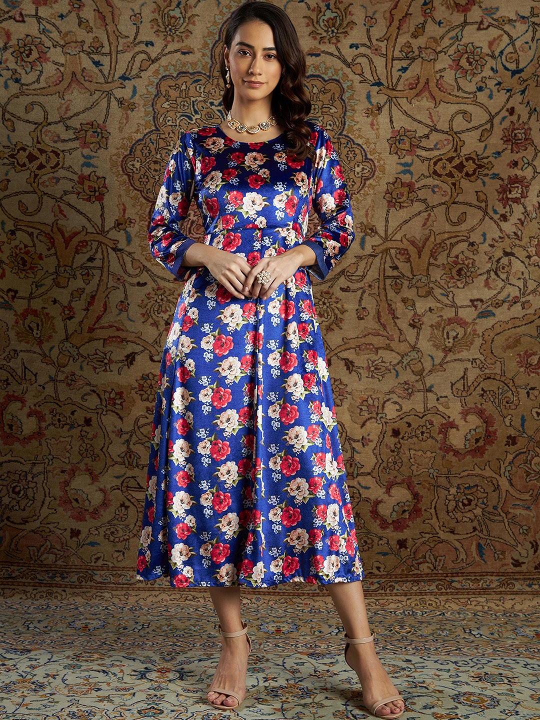 Buy Shae By SASSAFRAS Women Blue Floral Printed Velvet Ethnic Dresses ...