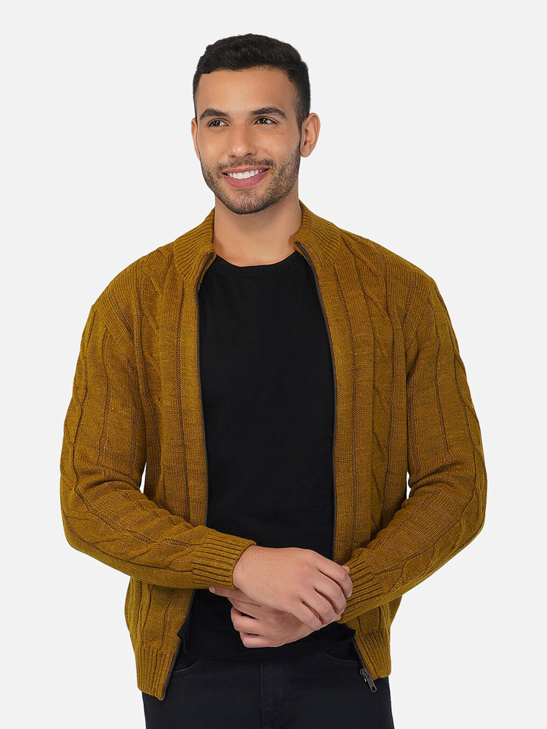 Buy JoE Hazel Men Mustard Cable Knit Cardigan - Sweaters for Men ...