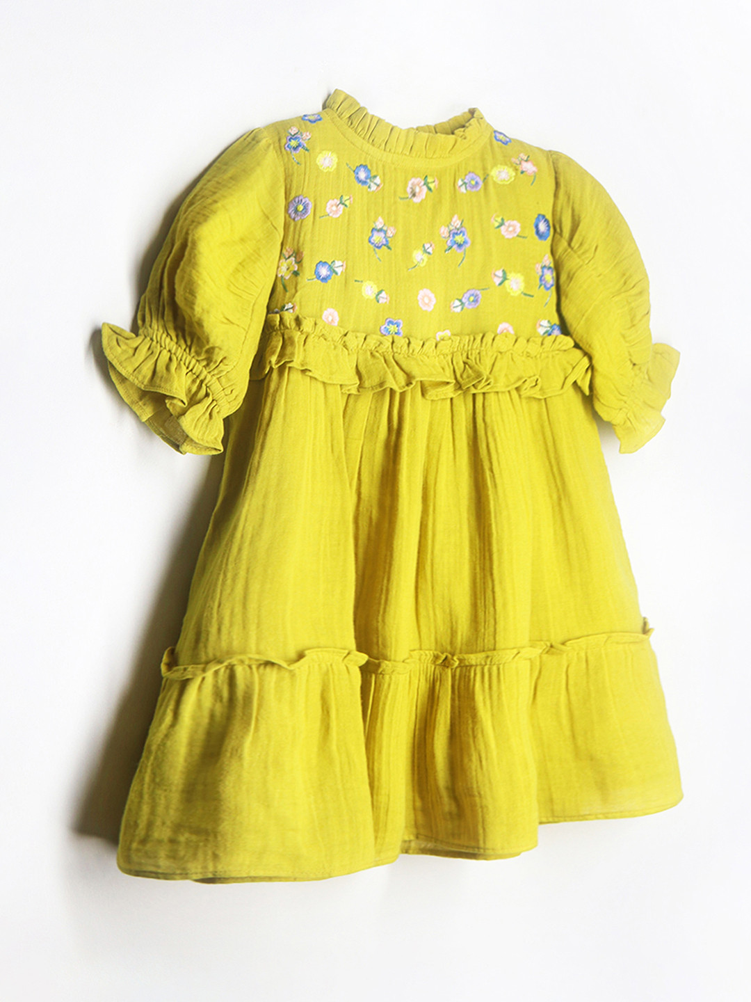 Buy Cherry Crumble Girls Yellow Floral Embroidered Puff Sleeves Empire ...