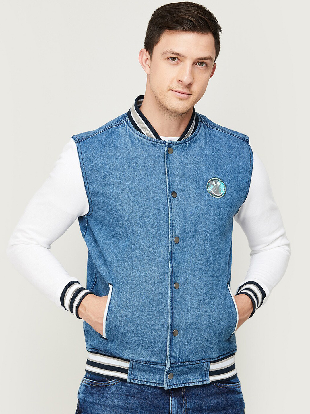 Buy SmileyWorld Men Blue White Lightweight Cotton Varsity Jacket ...
