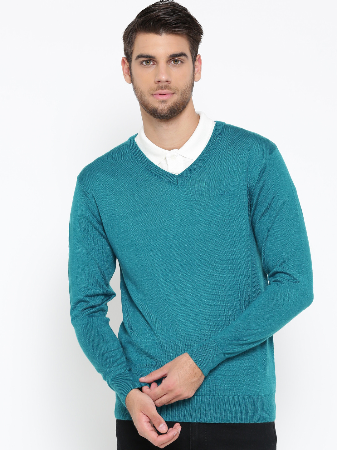 Buy ColorPlus Men Teal Blue Solid Sweater - Sweaters for Men 2071357 ...