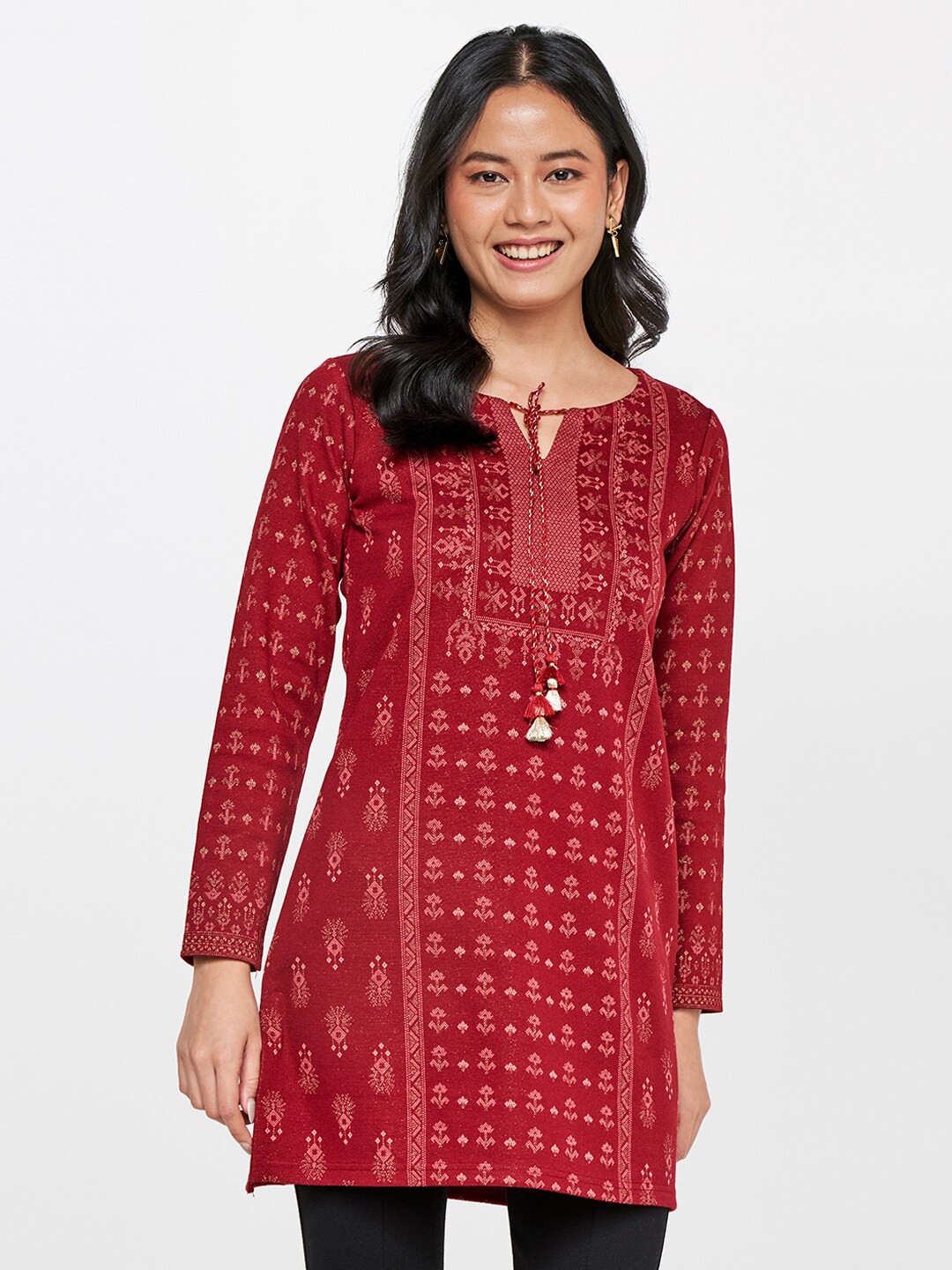 Buy Global Desi Women Maroon Ethnic Printed Long Sleeves Tunic - Tunics ...