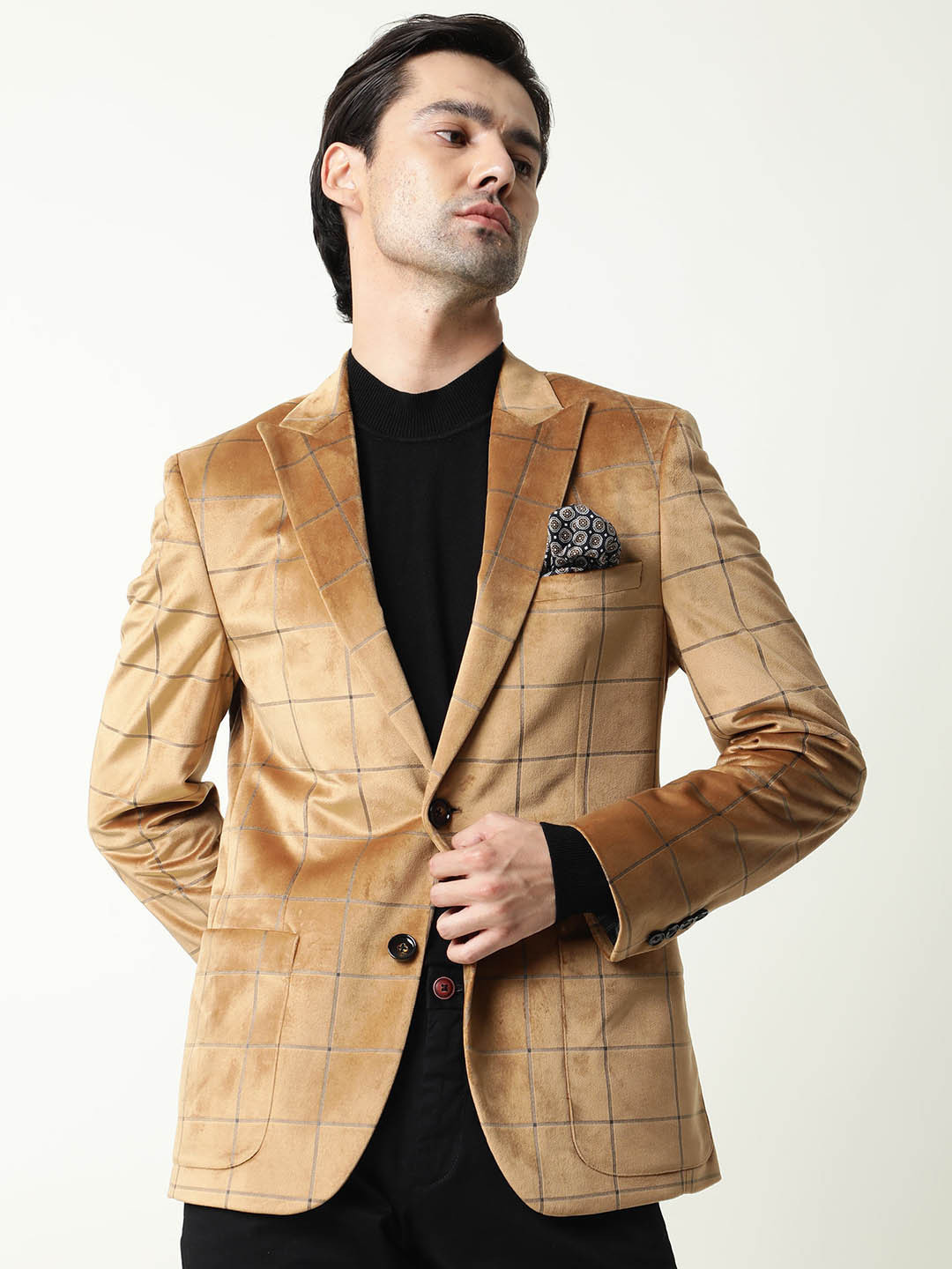 Buy RARE RABBIT Men Mustard Yellow & Grey Checked Single Breasted Slim ...