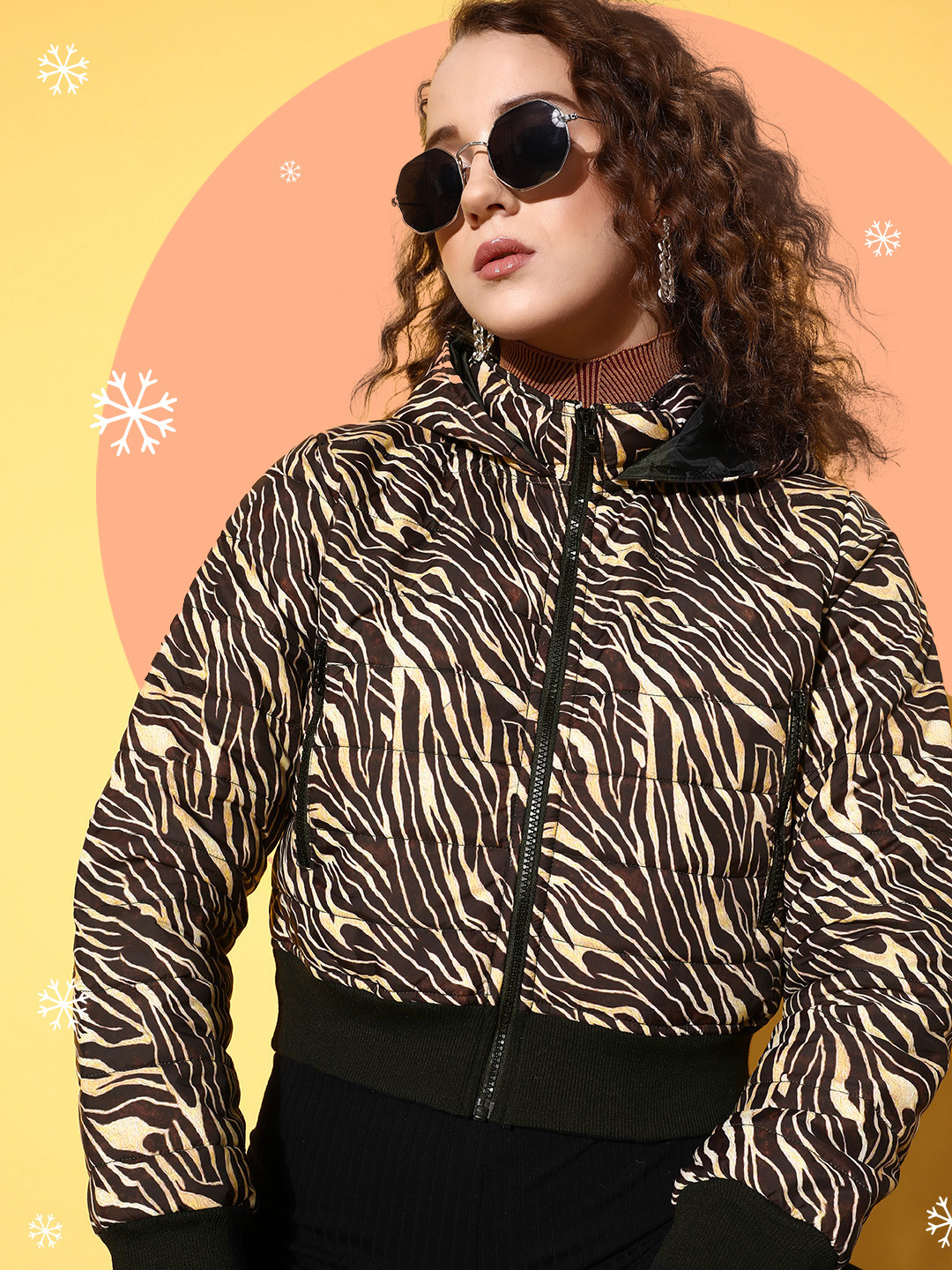 Buy SASSAFRAS Women Brown Animal Print Crop Puffer Jacket - Jackets for ...