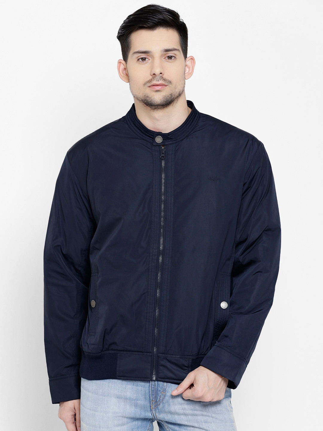 Buy ColorPlus Men Navy Blue Classic Fit Solid Bomber Jacket - Jackets ...