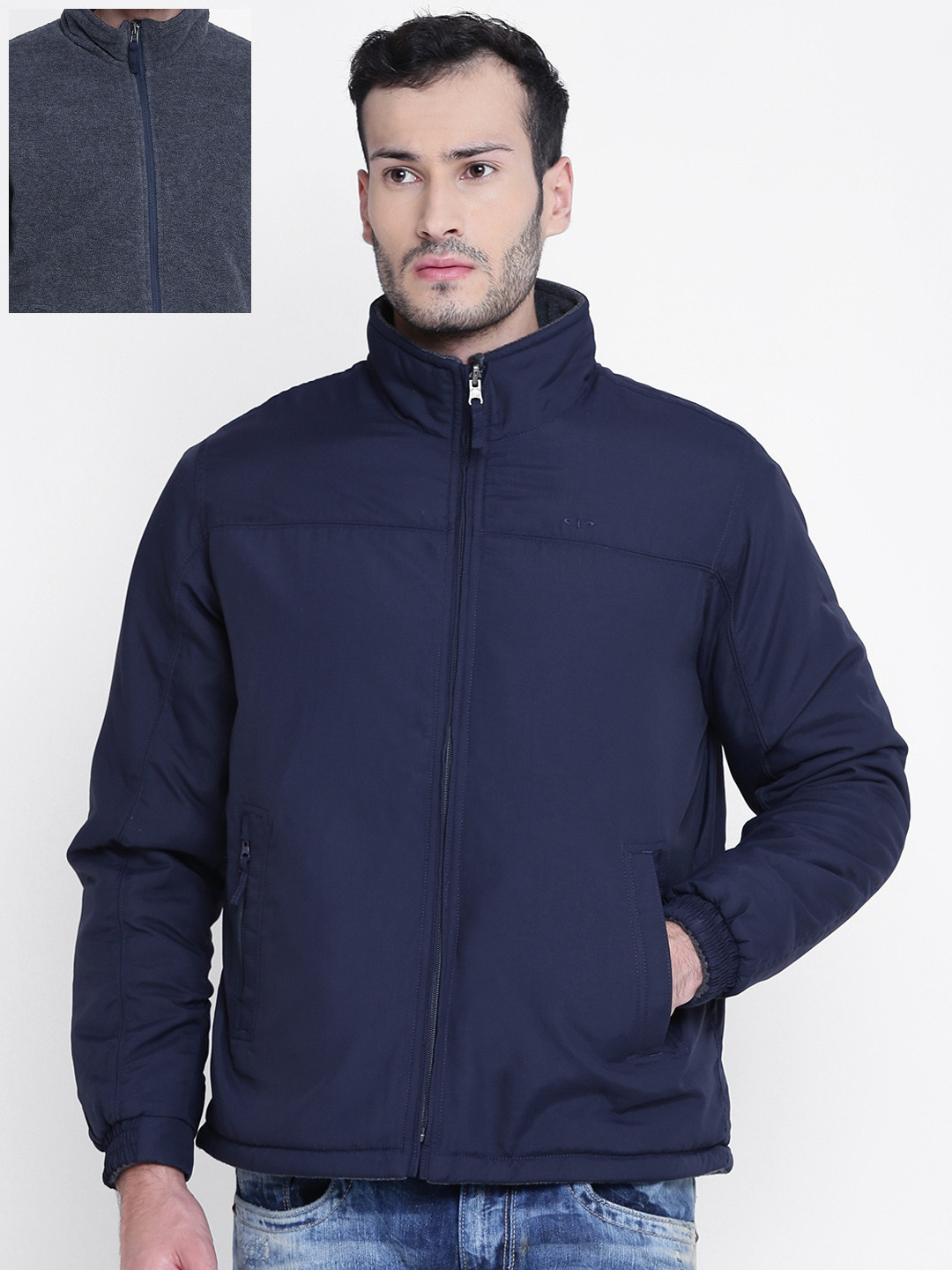 Buy ColorPlus Men Navy & Charcoal Grey Solid Reversible Padded Jacket ...