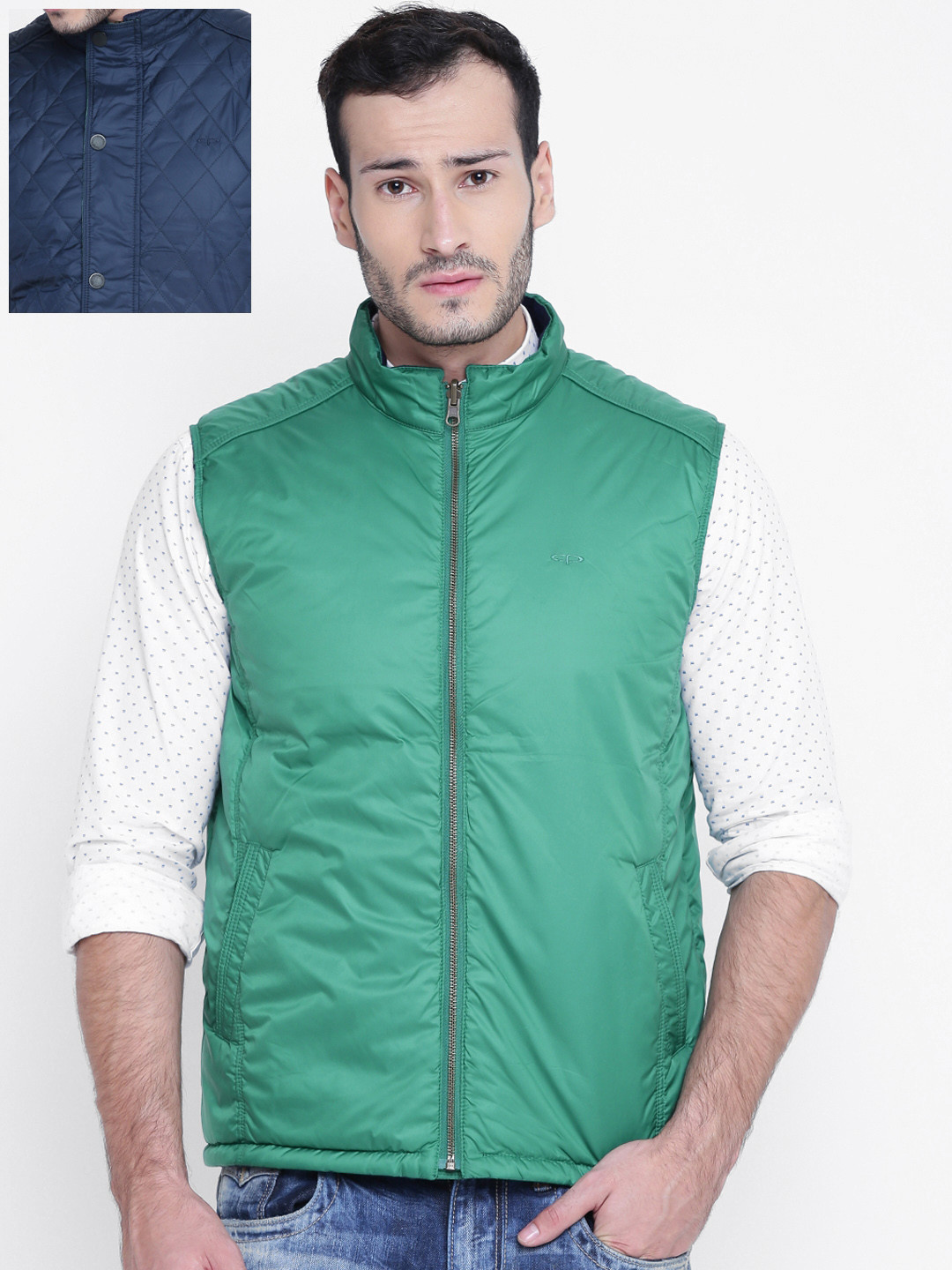 Buy ColorPlus Men Navy & Green Solid Reversible Quilted Jacket ...
