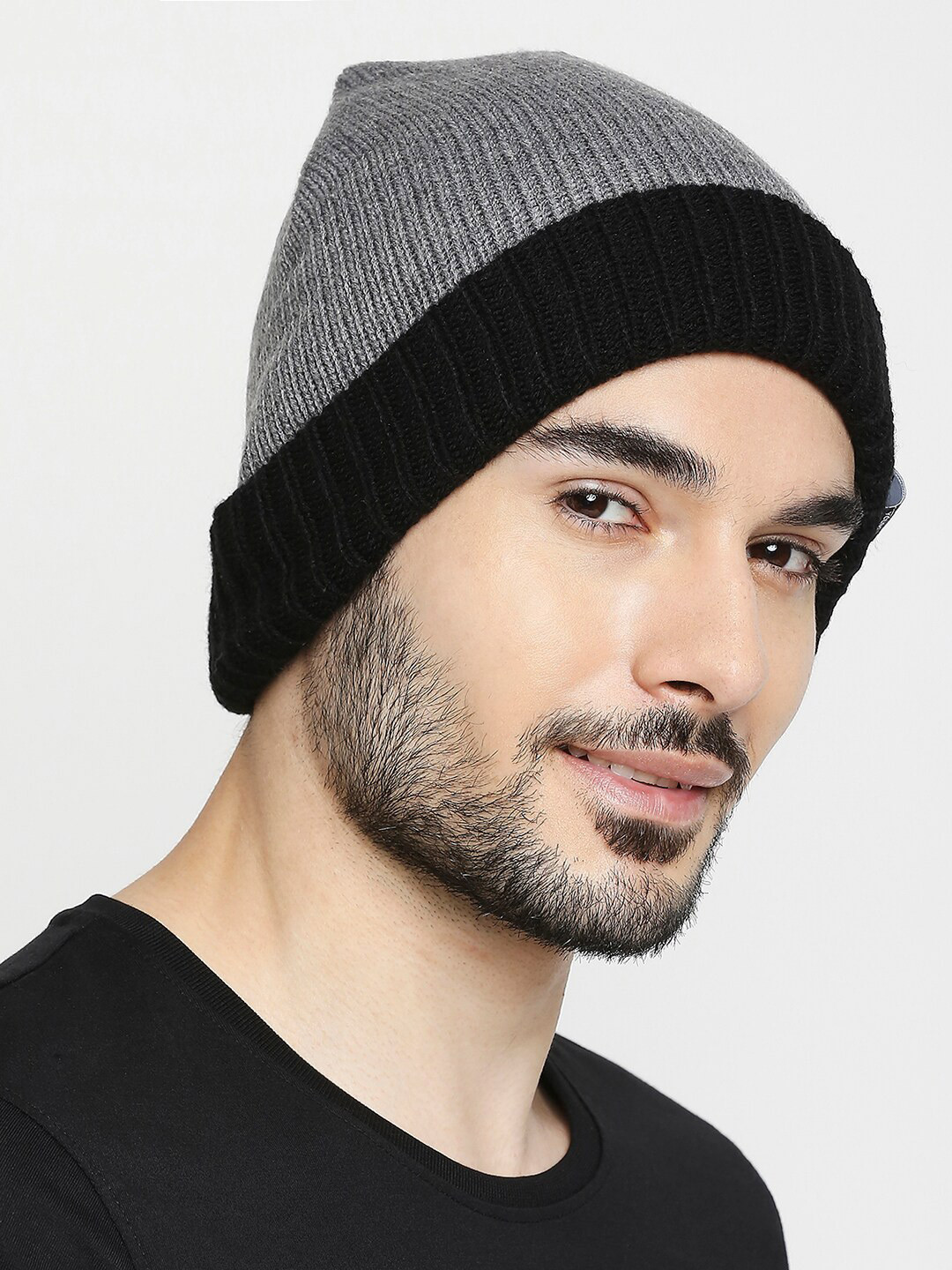 Buy SPYKAR Men Grey & Black Colourblocked Cotton Beanie - Caps for Men ...