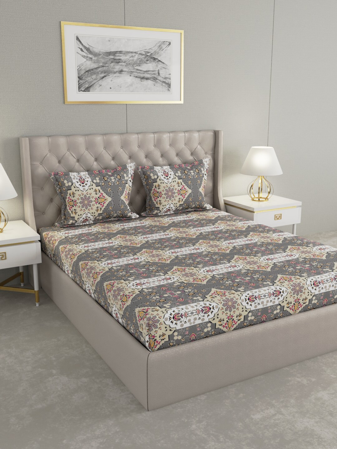 Buy Raymond Home Grey & White Ethnic Motifs 104 TC King Bedsheet With 2 ...