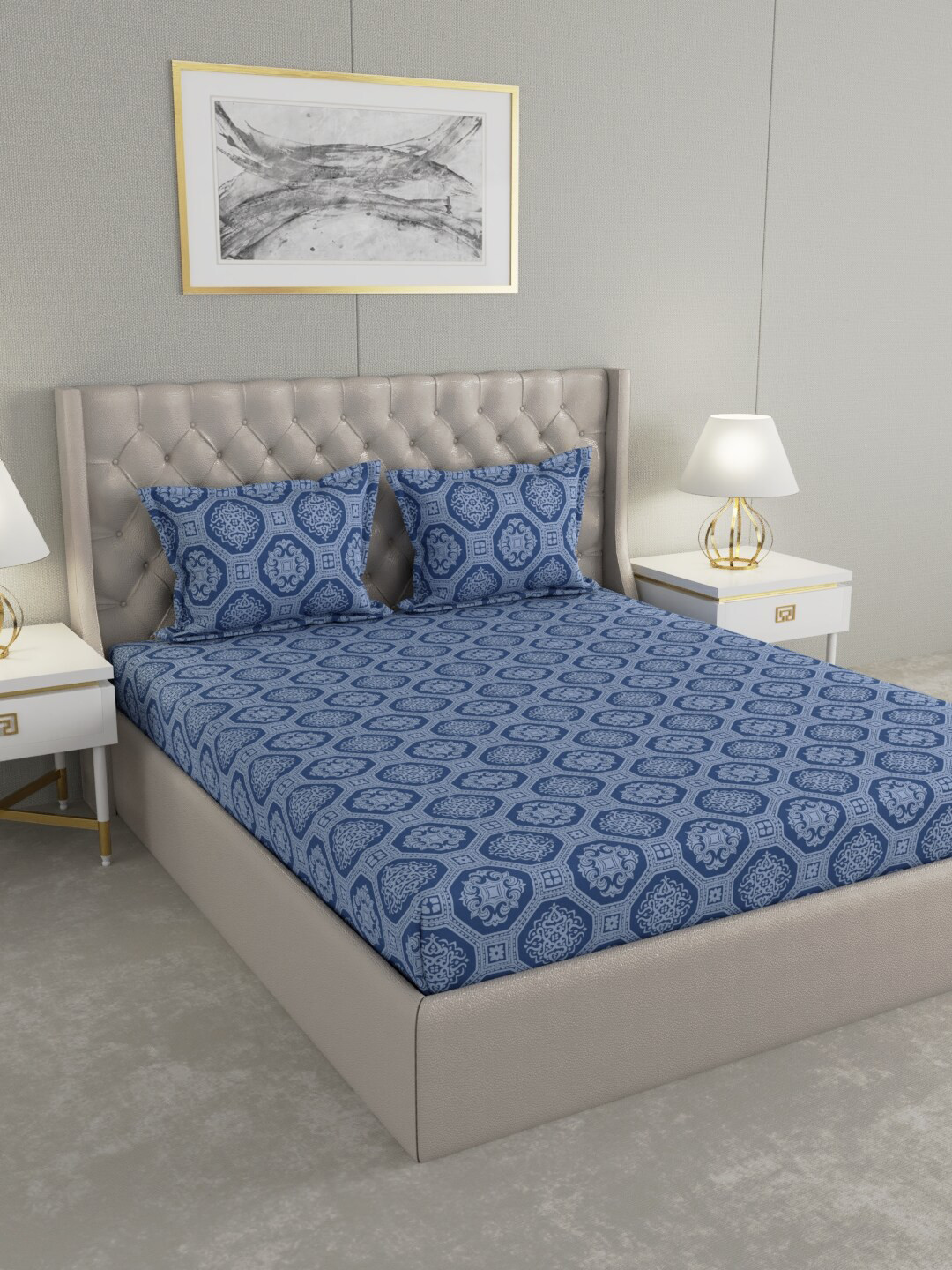 Buy Raymond Home Blue Ethnic Motifs Cotton 104 TC King Bedsheet With 2 ...