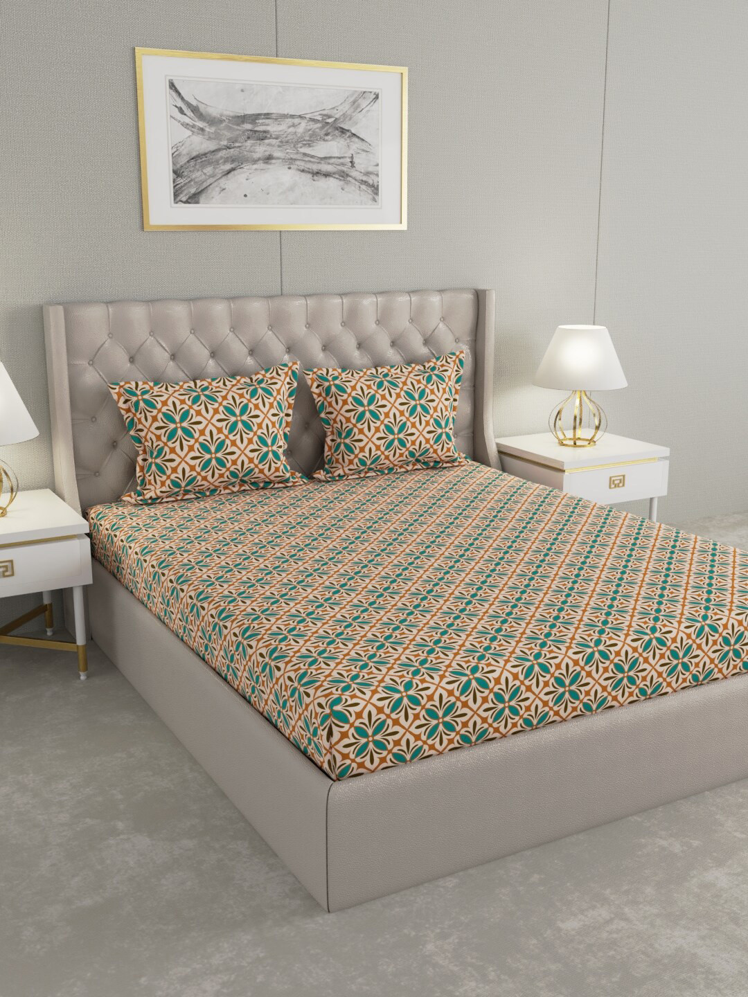 Buy Raymond Home Beige & Green Floral Printed Pure Cotton 104 TC King ...