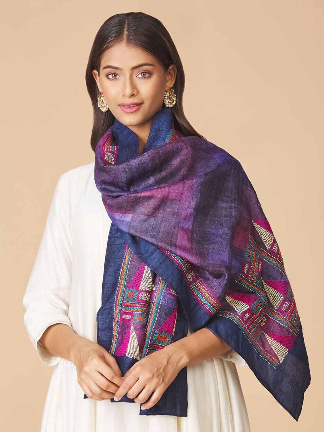 Buy Fabindia Women Navy Blue & Pink Embroidered Stole - Stoles for ...