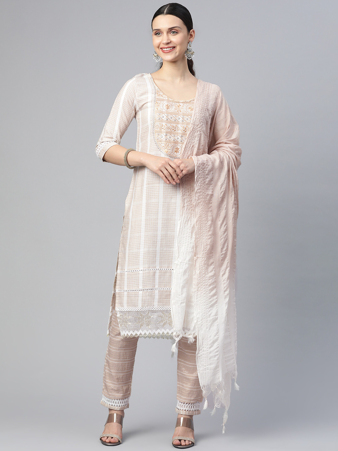 Buy RAJGRANTH Women Pink Ethnic Motifs Embroidered Thread Work Kurta ...