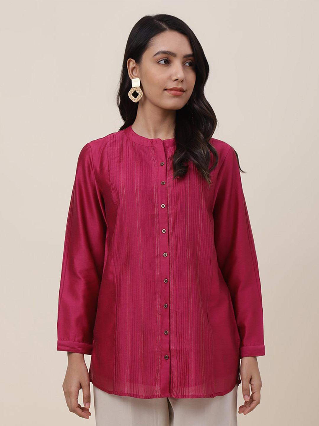 Buy Fabindia Pink Cotton Mandarin Collar Tunic - Tunics for Women ...