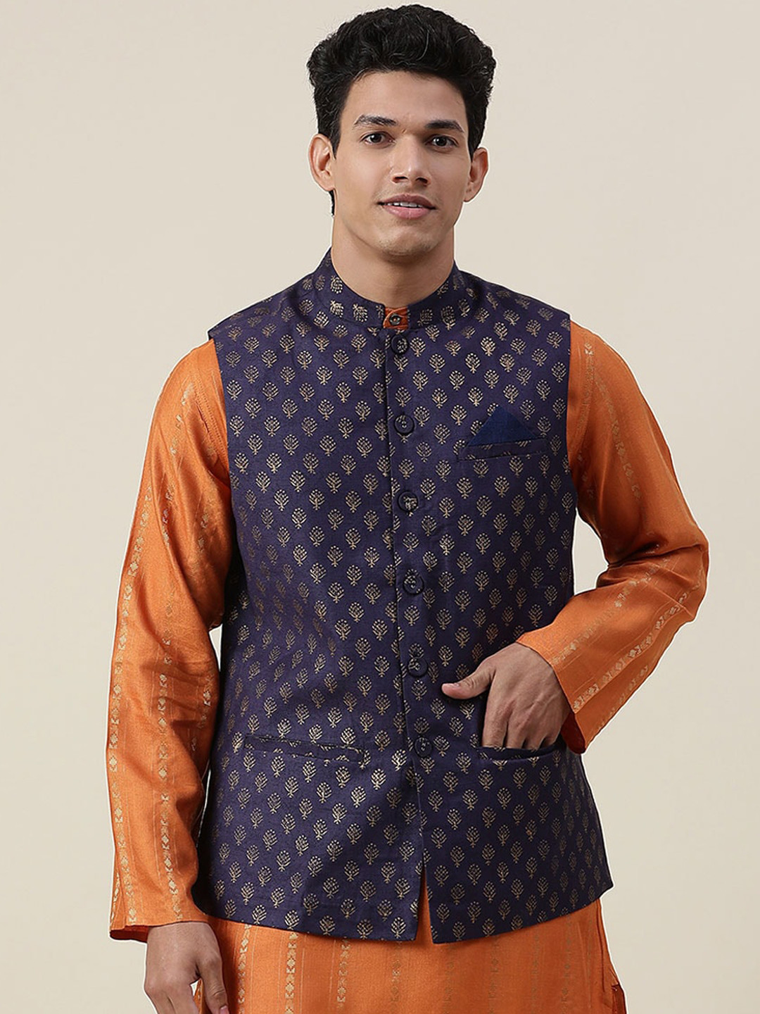 Buy Fabindia Men Navy Blue Printed Nehru Jackets - Nehru Jackets for ...