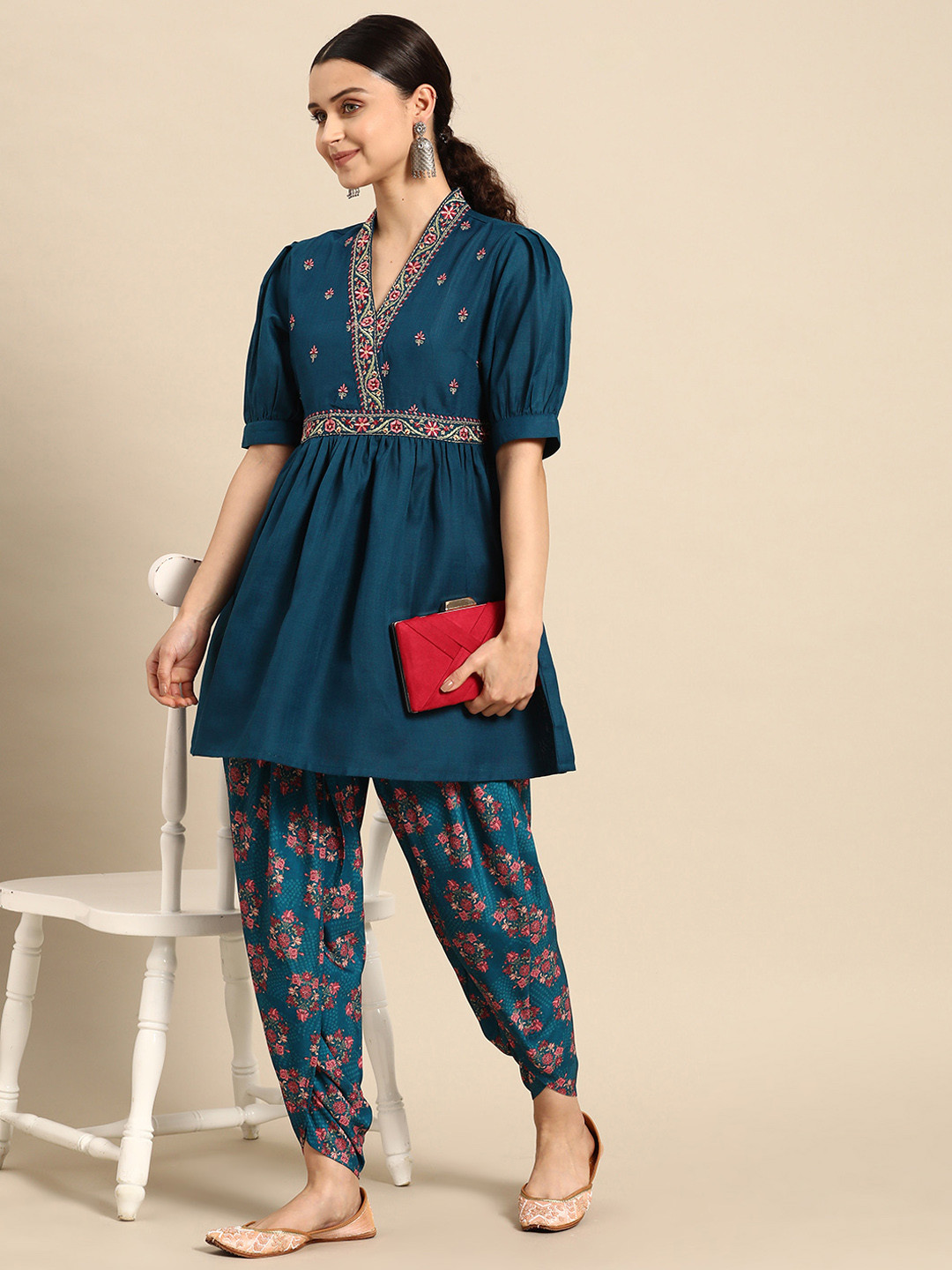 Buy Anouk Women Floral Embroidered Thread Work Kurti With Harem Pants ...