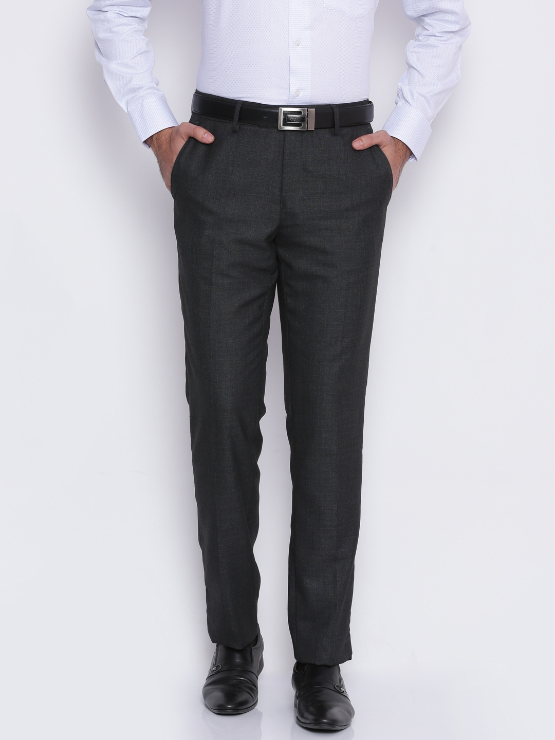 Buy Van Heusen Men Navy Classic Slim Fit Solid Formal Trousers ...