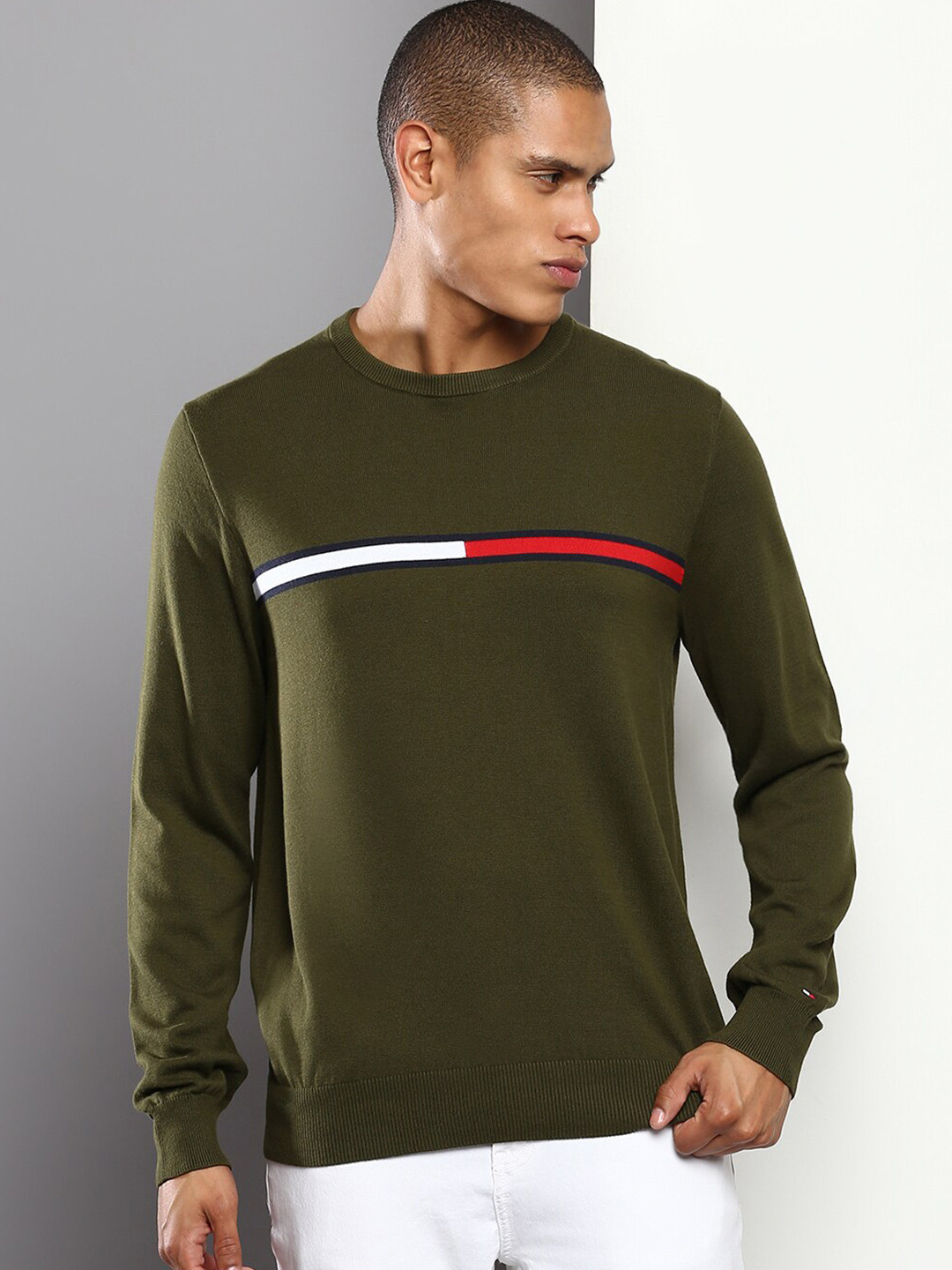 Buy Tommy Hilfiger Men Green Round Neck Pure Cotton Pullover Sweaters ...