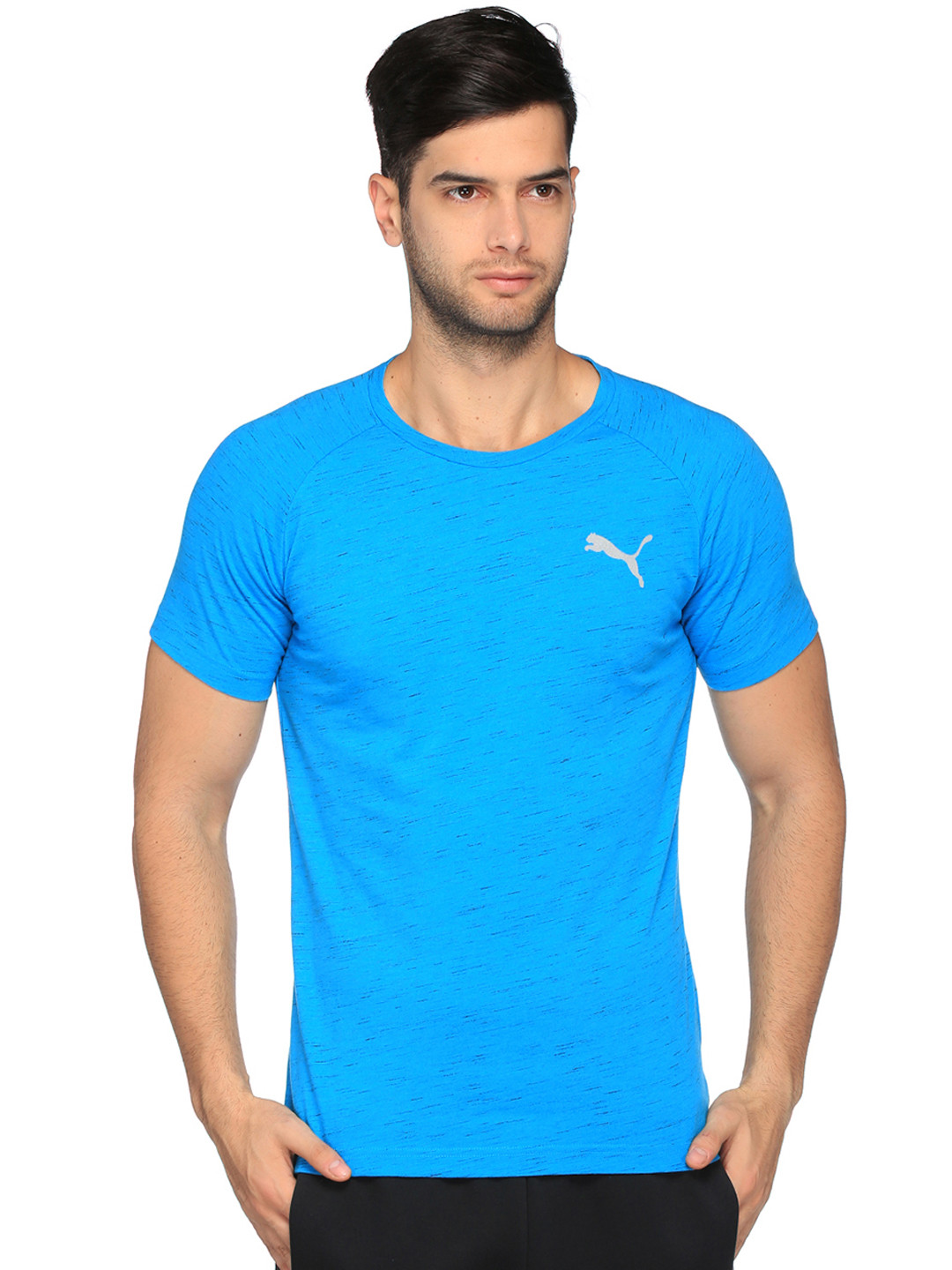 Buy Puma Men Blue Solid Round Neck Evostripe Spaceknit T Shirt ...