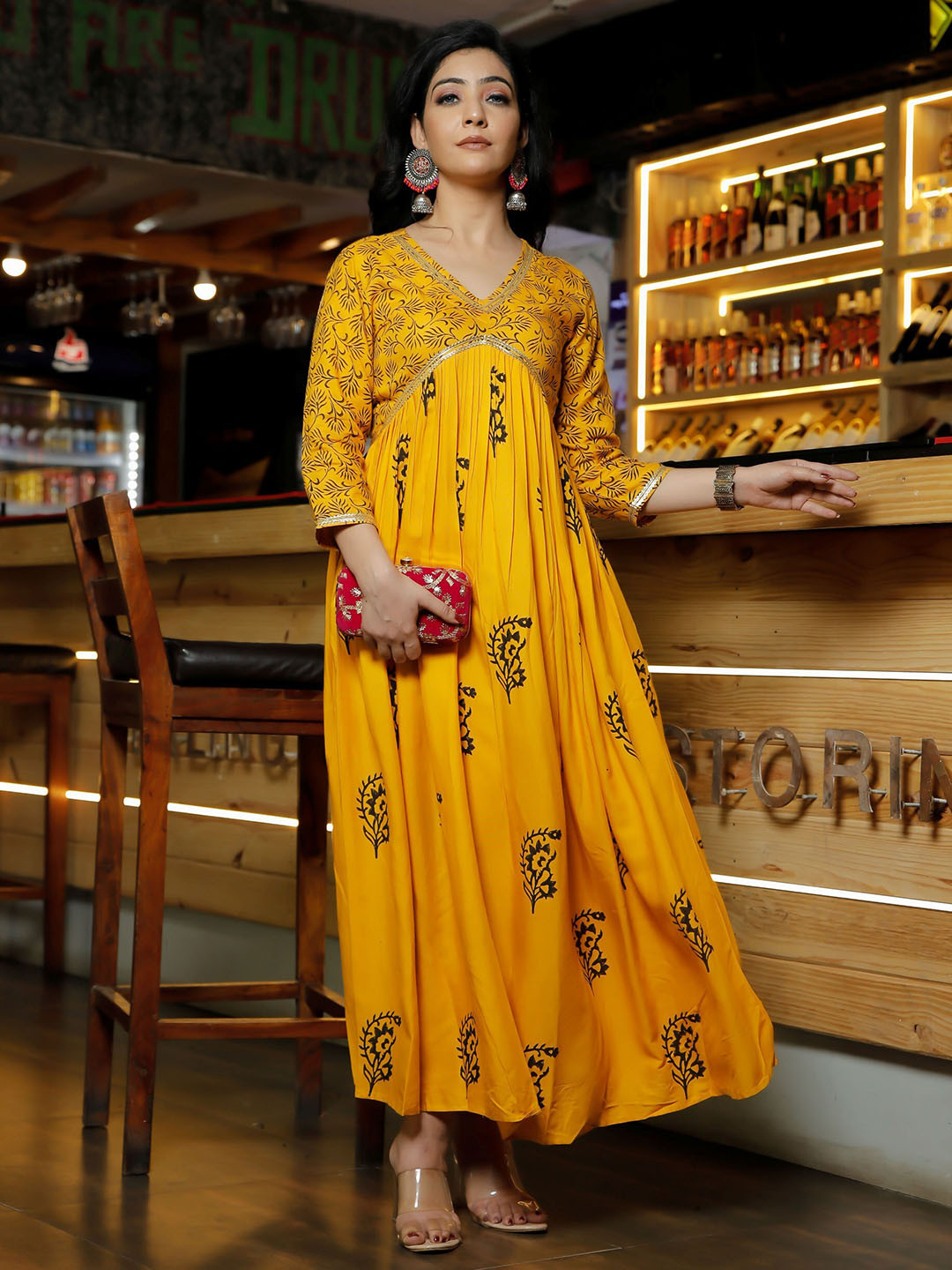 Buy Indi INSIDE Mustard Yellow Floral Ethnic A Line Maxi Dress - Ethnic ...