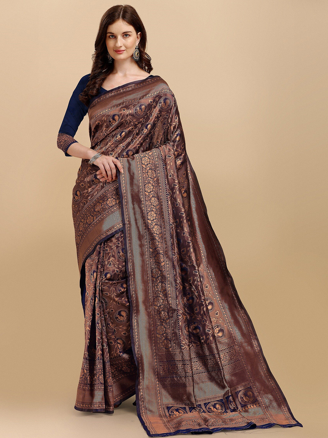 Buy Fashion Booms Copper Toned & Blue Woven Design Zari Pure Silk ...