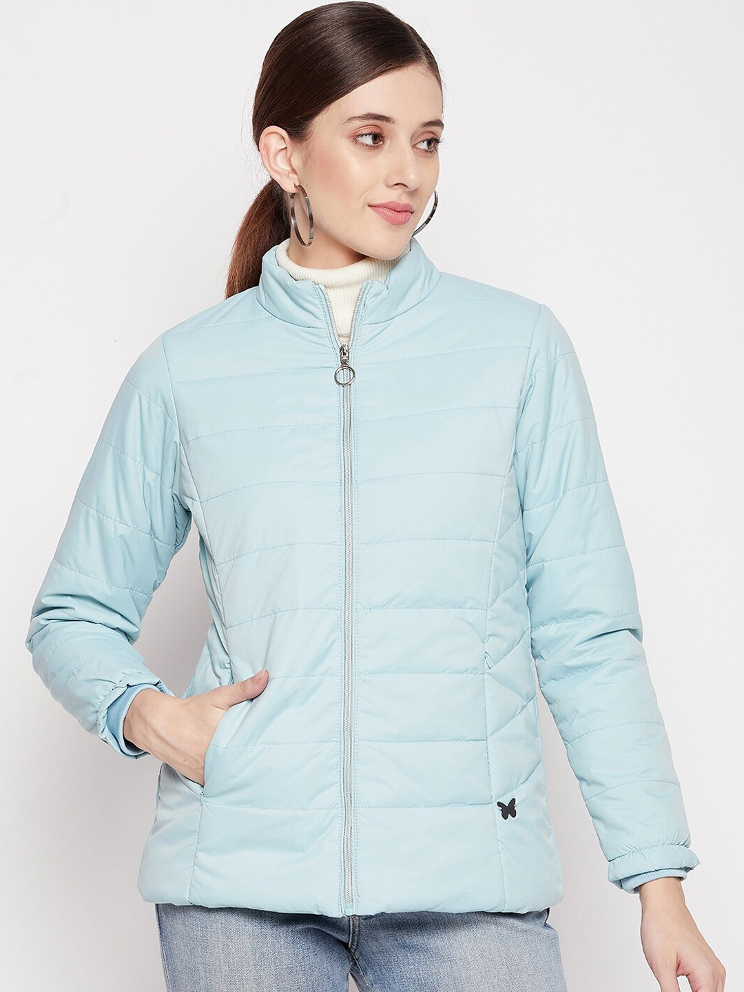 Buy Duke Women Turquoise Blue Solid Long Sleeves Padded Jacket ...