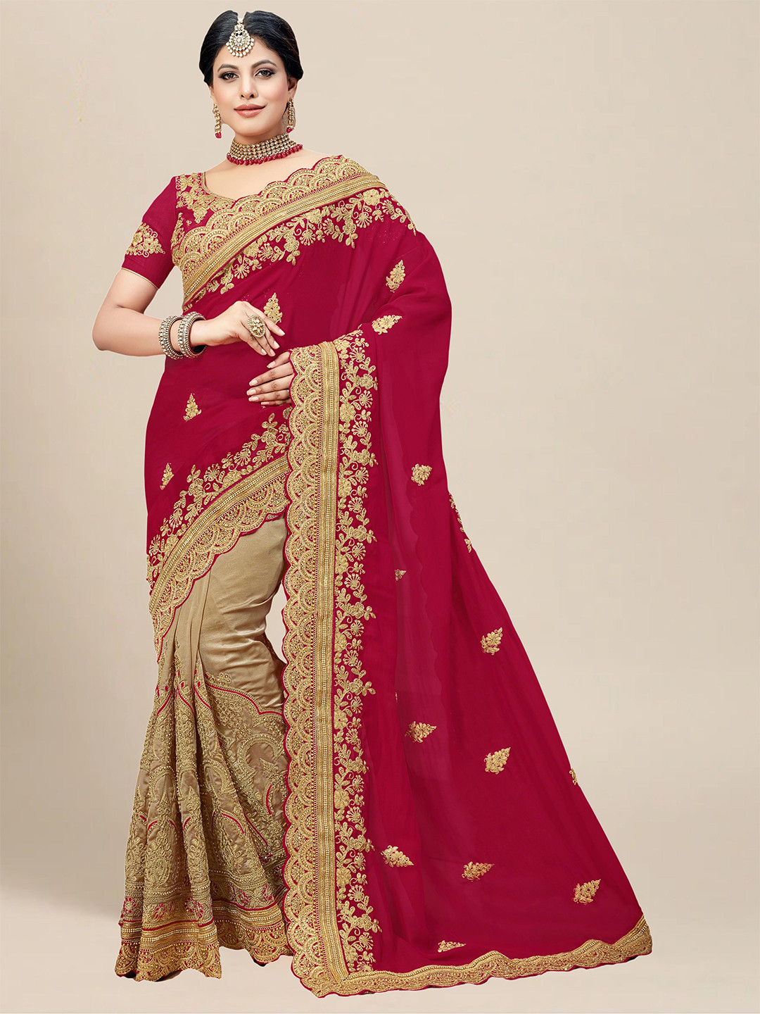 Buy MS RETAIL Red & Gold Toned Floral Embroidered Half And Half Saree ...