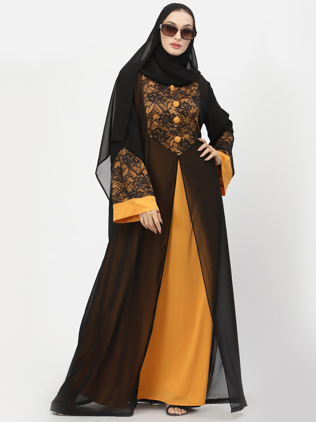 Buy Just Wow Women Black & Mustard Yellow Solid Abaya Burqa - Burqas ...
