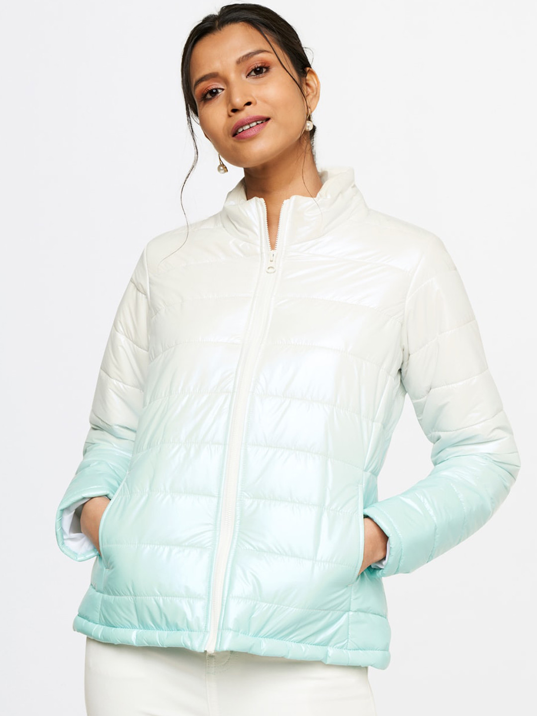 Buy AND Women White Turquoise Blue Ombre Longline Puffer Jacket ...