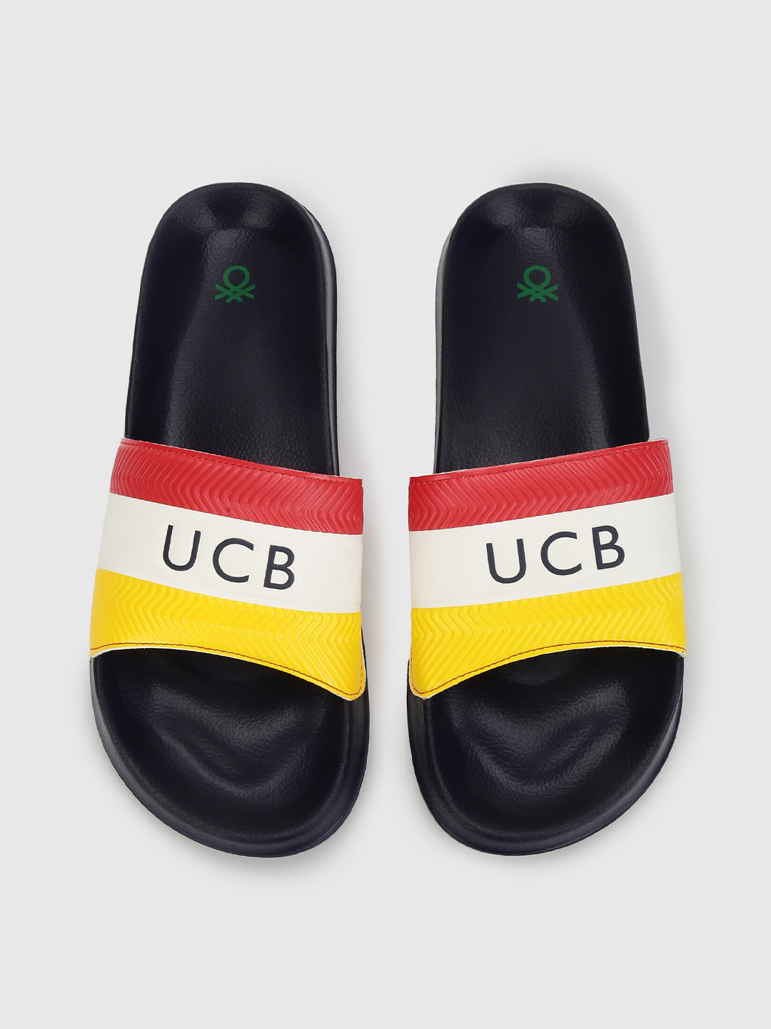Buy United Colors Of Benetton Men Navy Blue & Yellow Striped Sliders ...