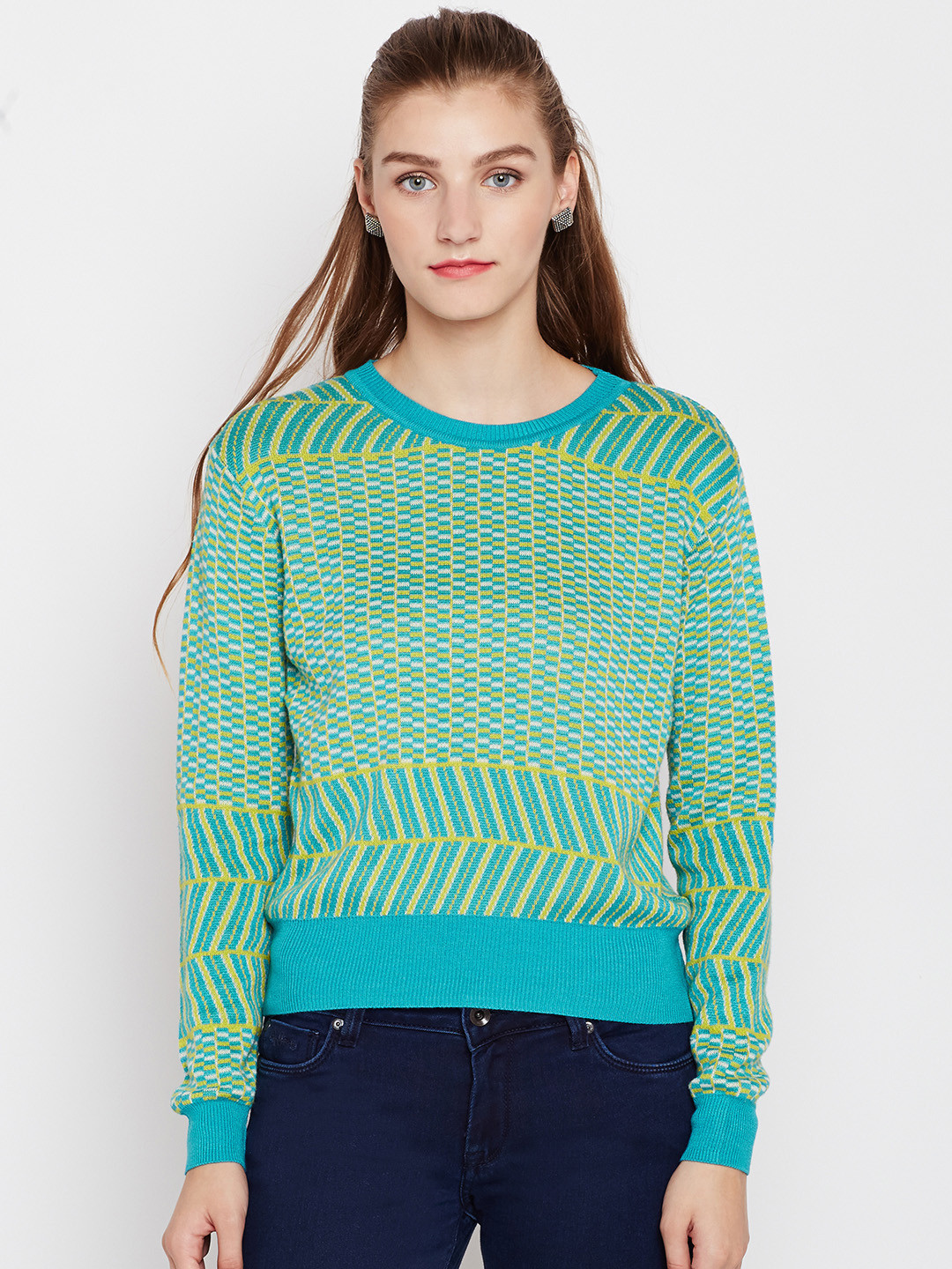 Buy Pepe Jeans Women Green Self Design Sweater - Sweaters for Women ...