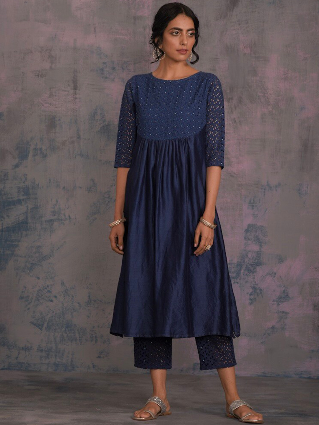 Buy Charkhee Women Navy Blue Self Design Chanderi A Line Kurta With ...