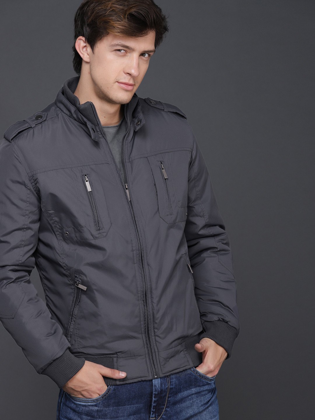 Buy WROGN Men Grey Solid Padded Jacket - Jackets for Men 2074270 | Myntra