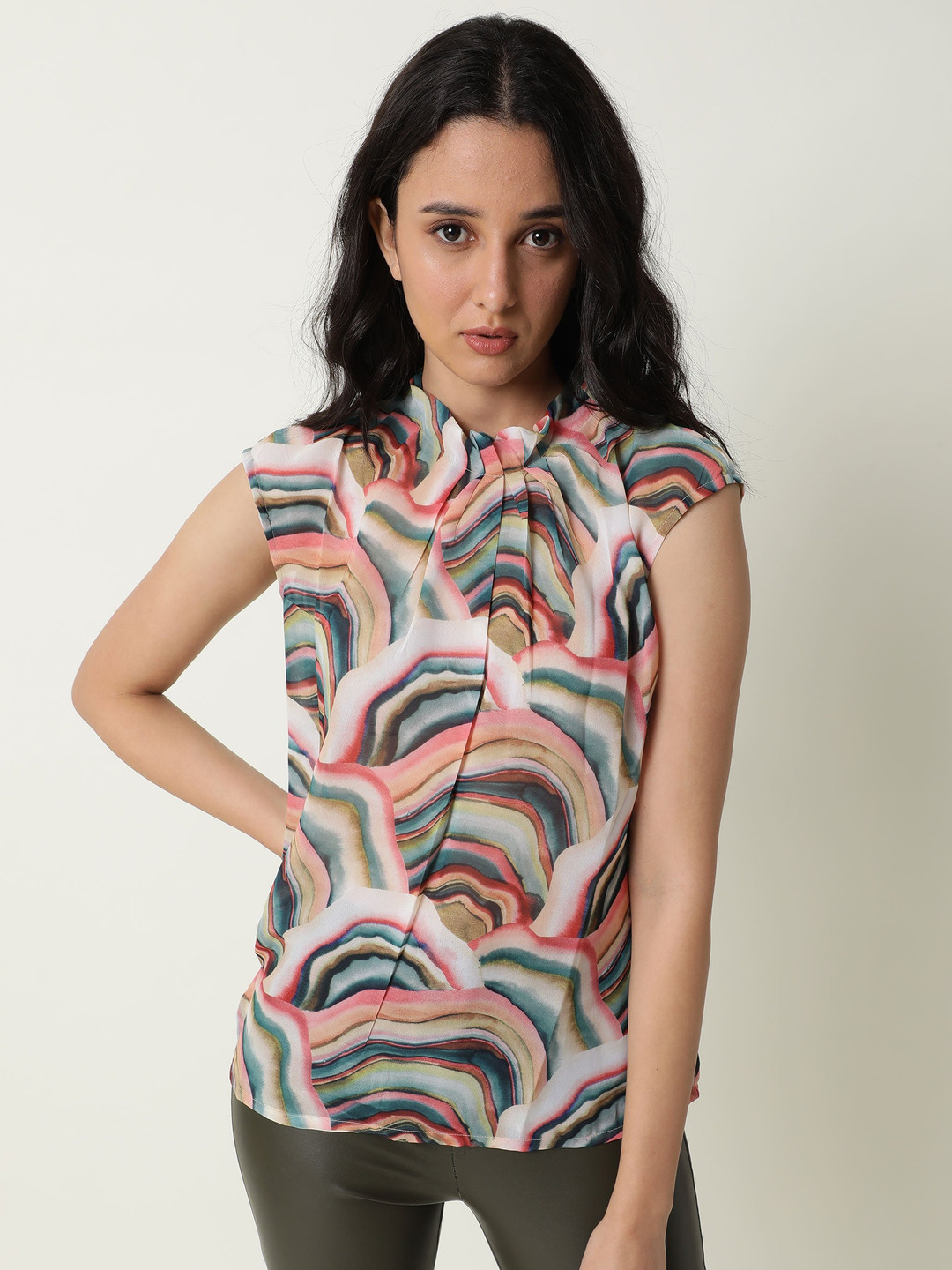 Buy RAREISM Cream Coloured & Pink Printed High Neck Top - Tops for ...