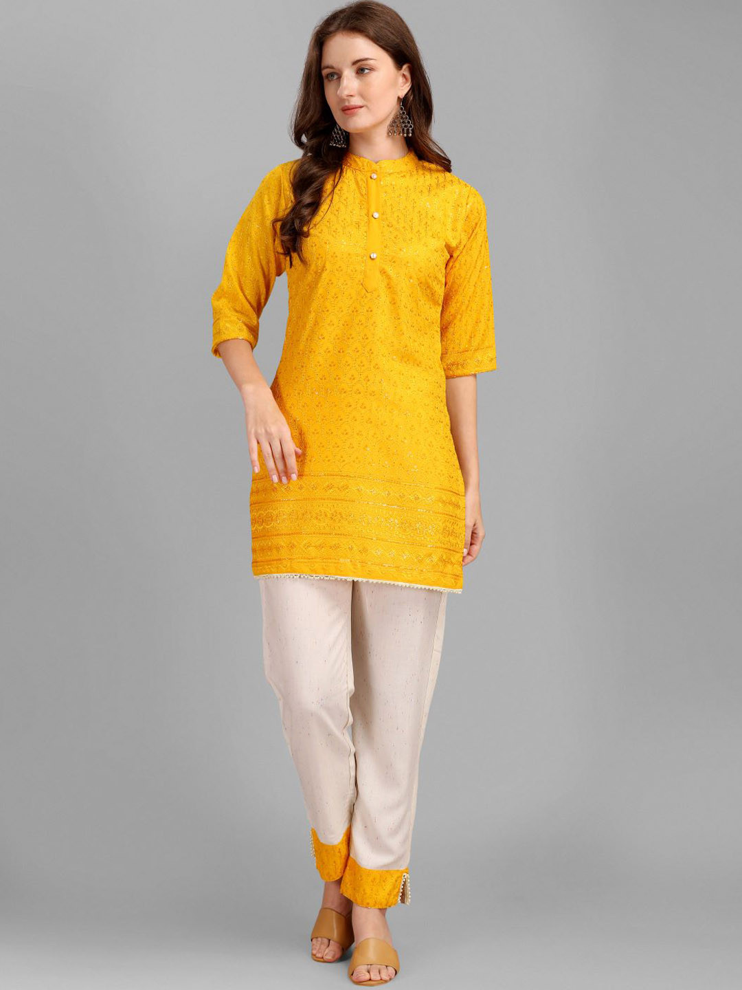 Buy GUFRINA Women Yellow Floral Embroidered Sequinned Kurti With ...