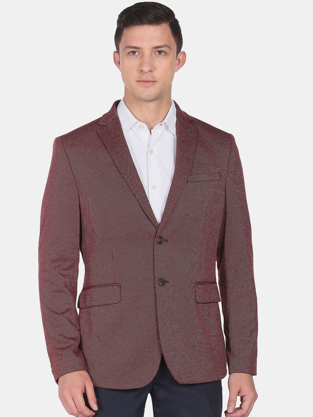 Buy Arrow Men Maroon Self Design Slim Fit Single Breasted Formal ...