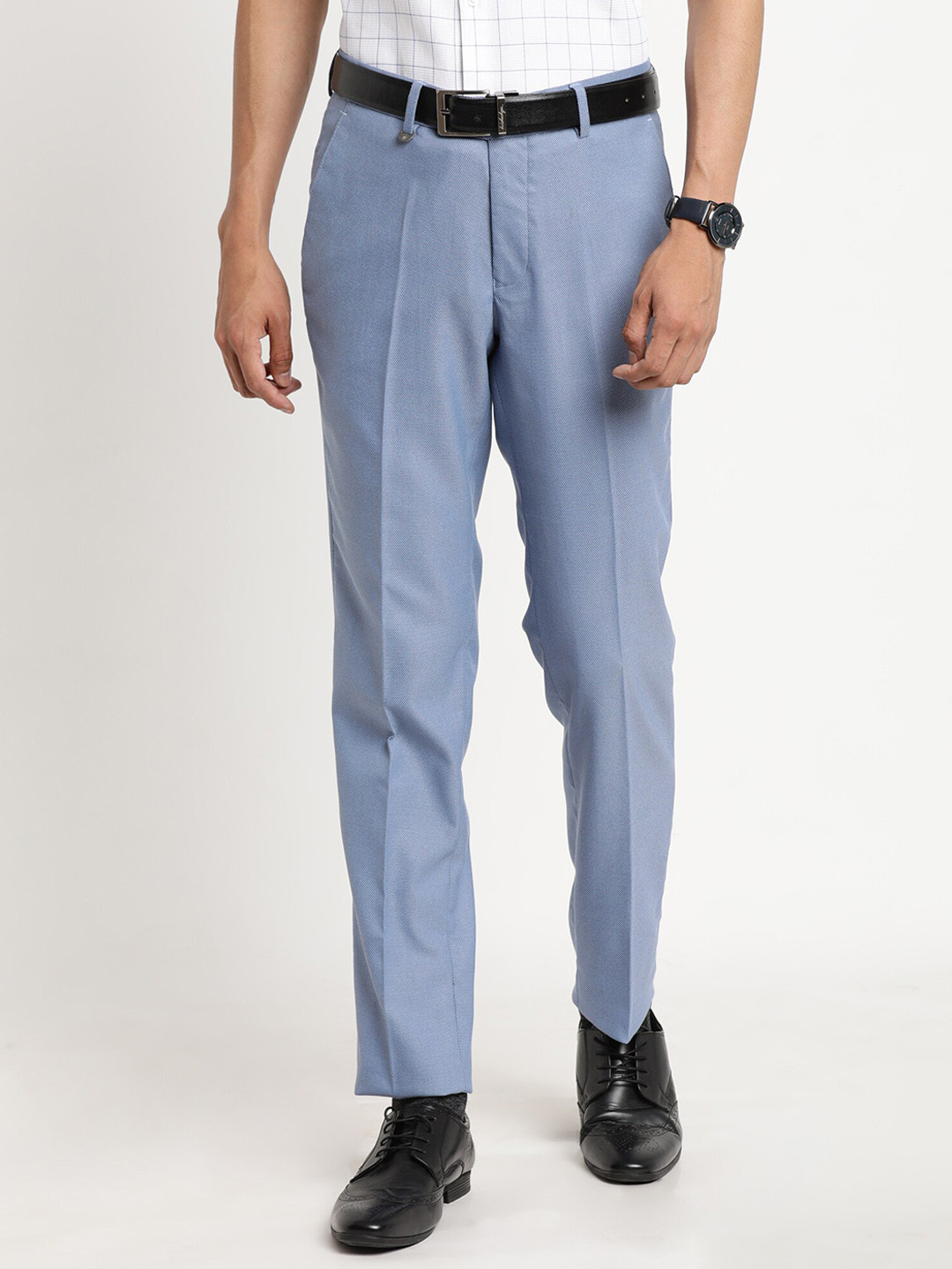 Buy Turtle Men Blue Tailored Slim Fit Formal Trousers - Trousers for ...