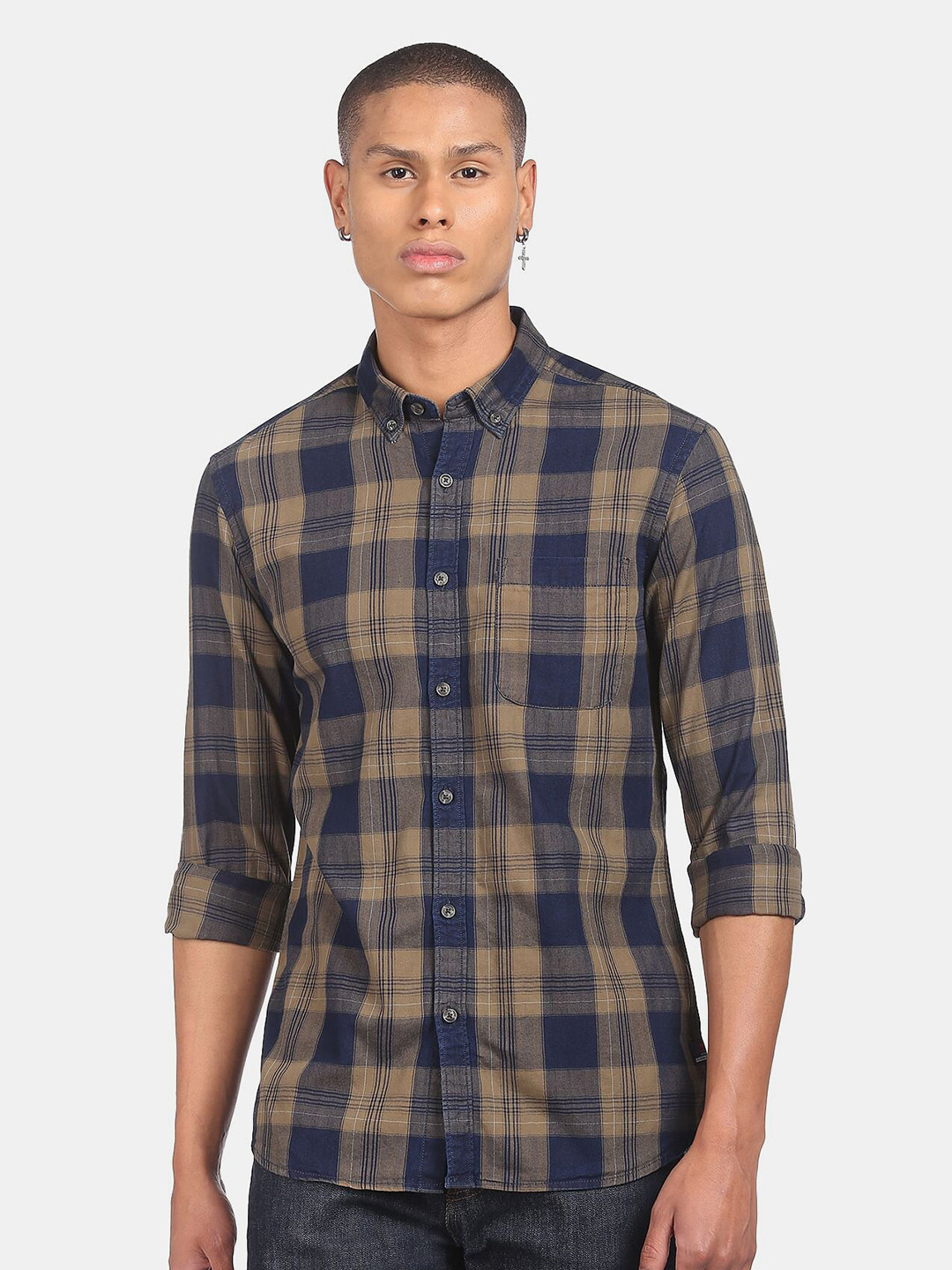 Buy Flying Machine Men Brown Regular Fit Checked Cotton Casual Shirt ...