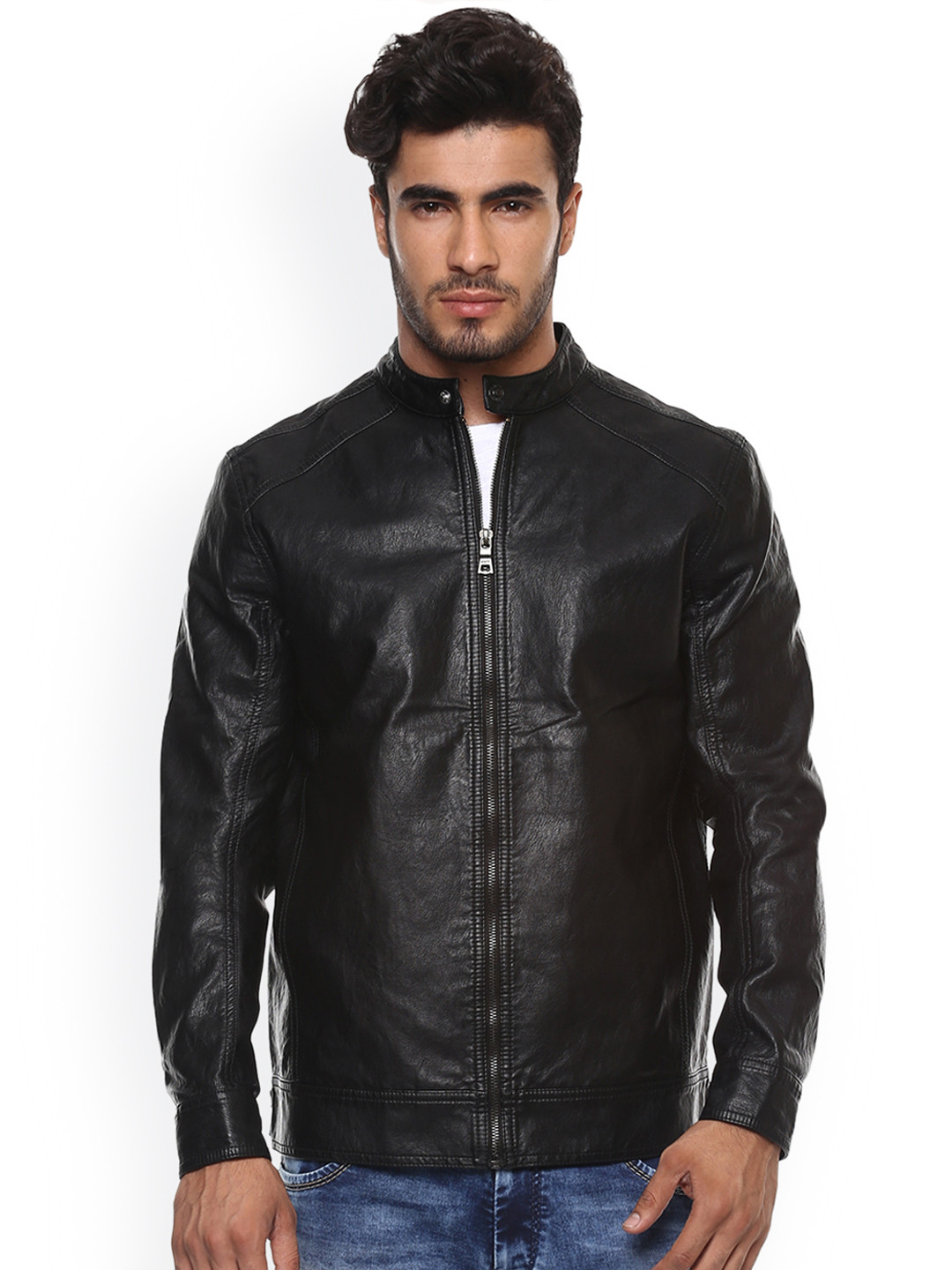 Buy Mufti Men Black Solid Leather Jacket - Jackets for Men 2075038 | Myntra