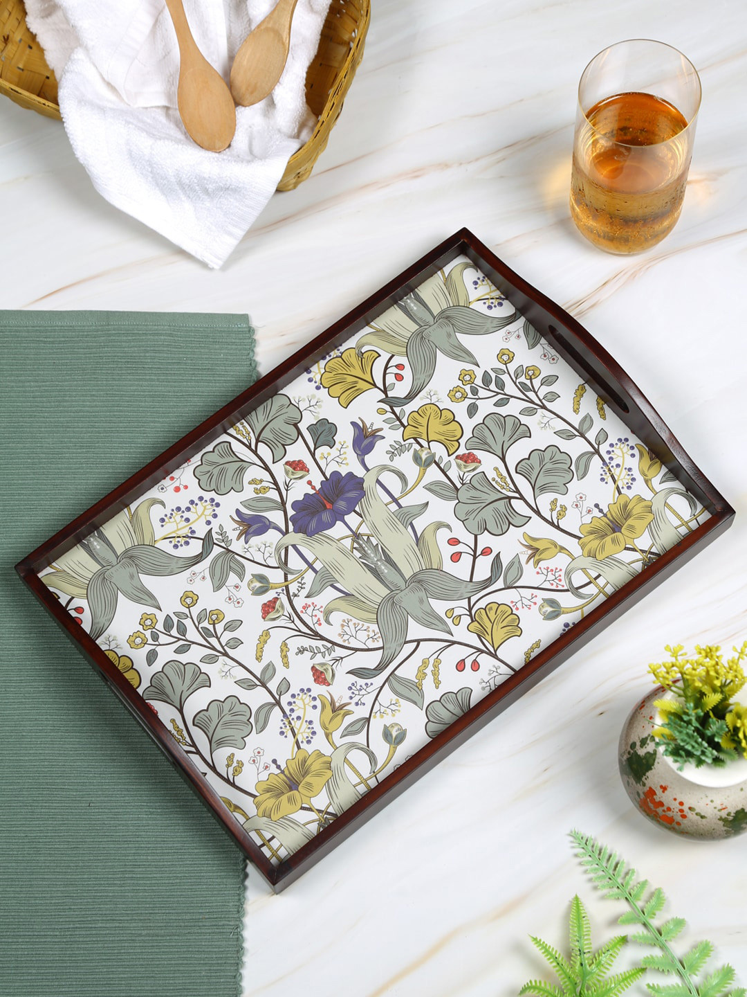 Buy Reinvention Factory Brown Retro Hibiscus Printed Teak Wood Serving ...
