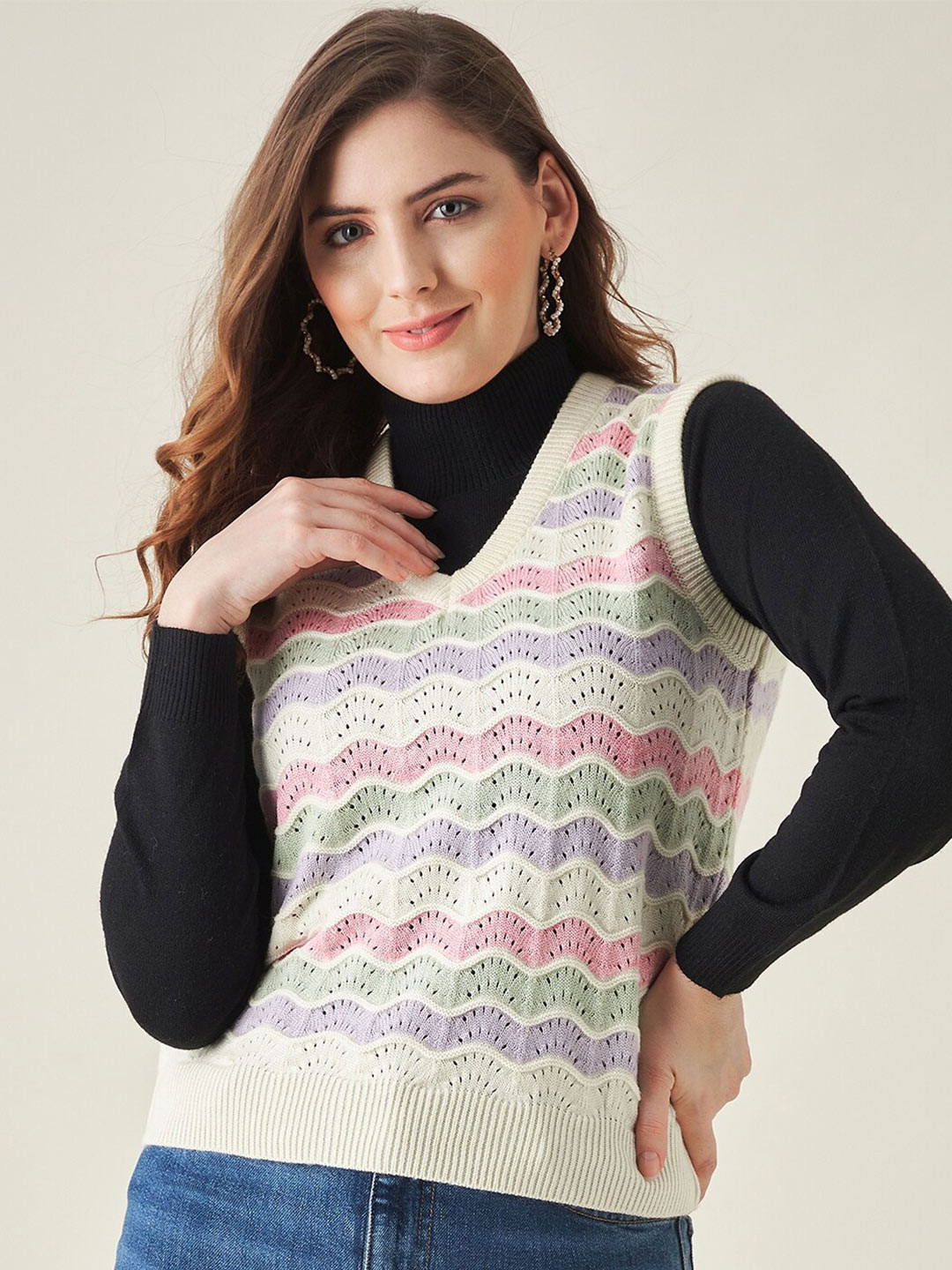 Buy Modeve Women Cream Coloured & Red Acrylic Sweater Vest - Sweaters ...