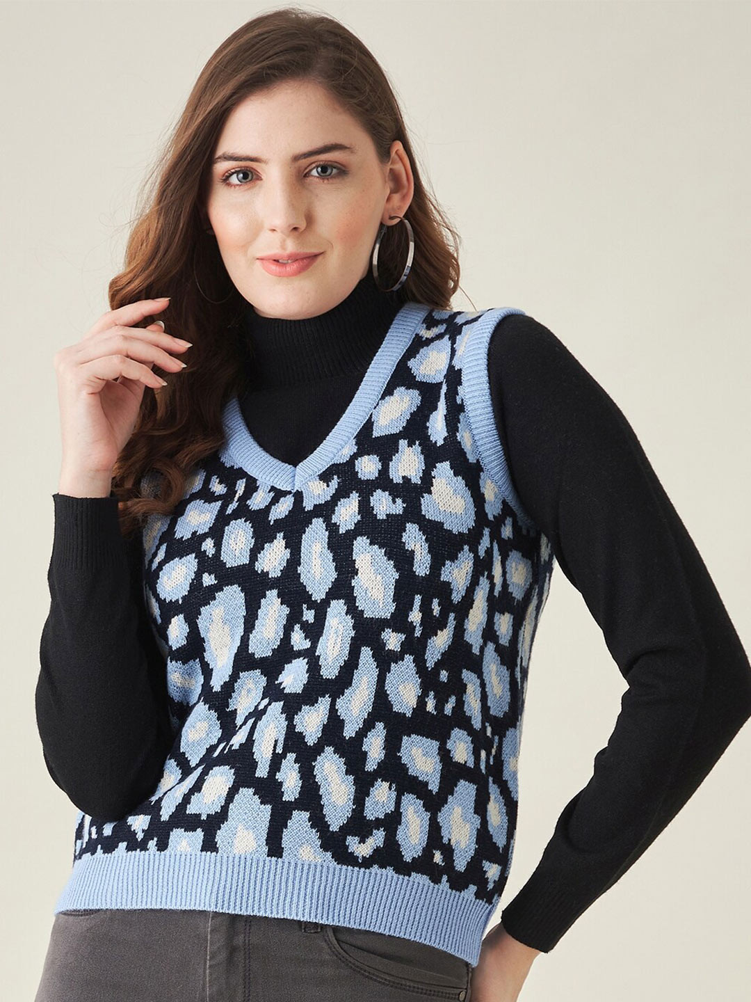 Buy Modeve Women Blue & Navy Blue Animal Acrylic Sweater Vest ...